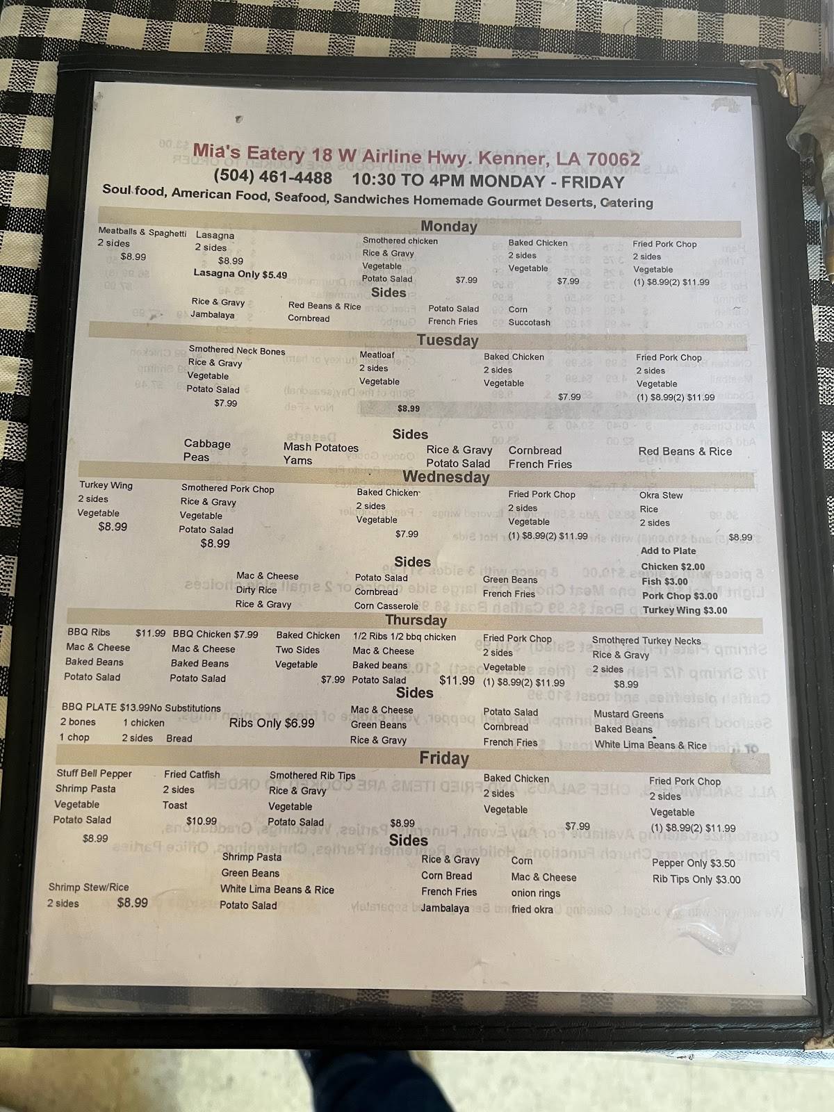 Menu at Mia's Eatery restaurant, Kenner