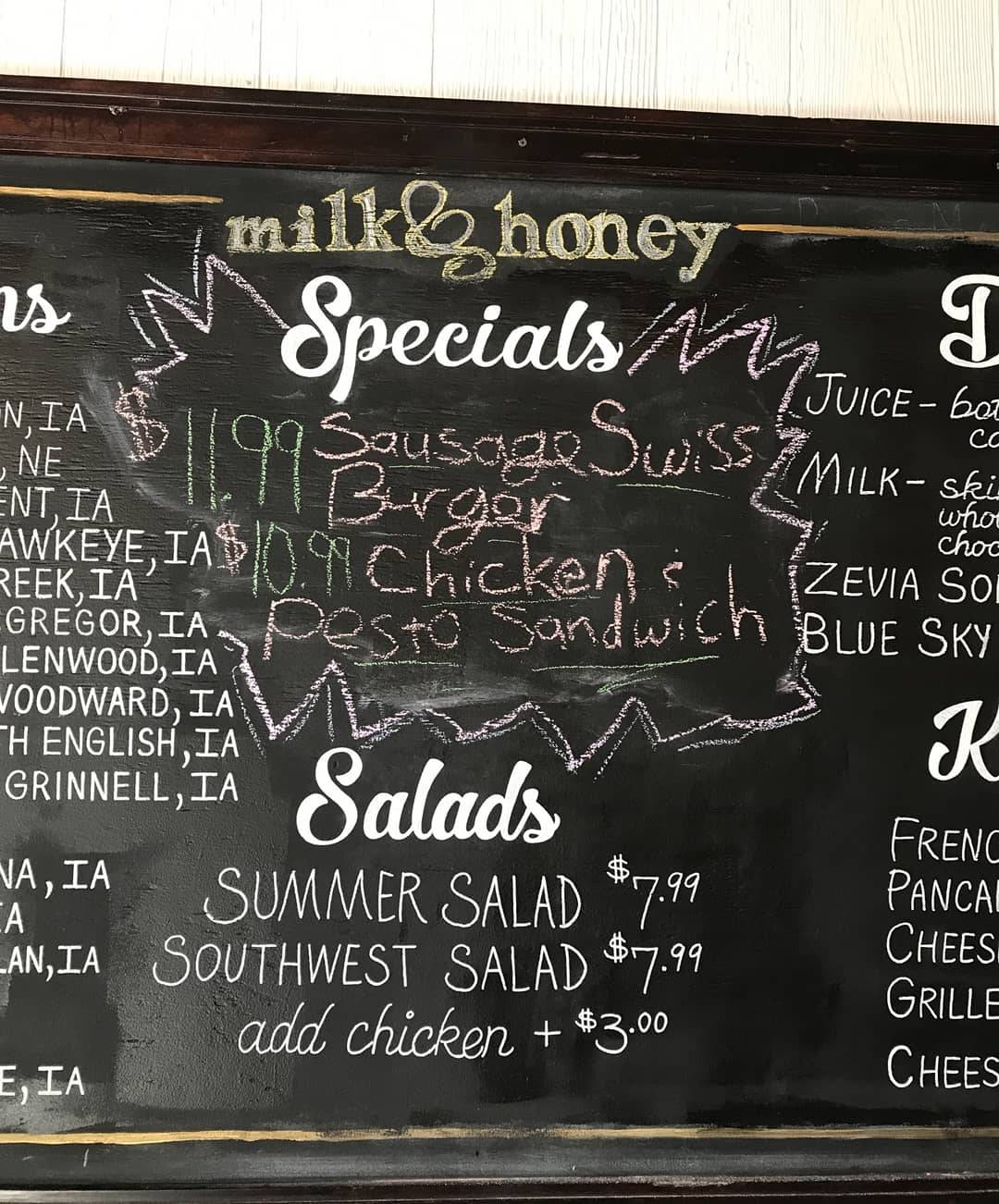 Menu at Milk & Honey breakfast & lunch restaurant, Harlan