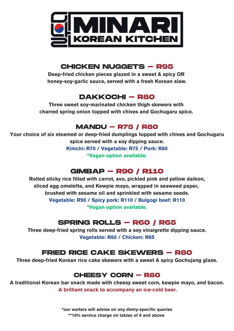 Menu at Minari Korean Kitchen Stellenbosch restaurant, Stellenbosch