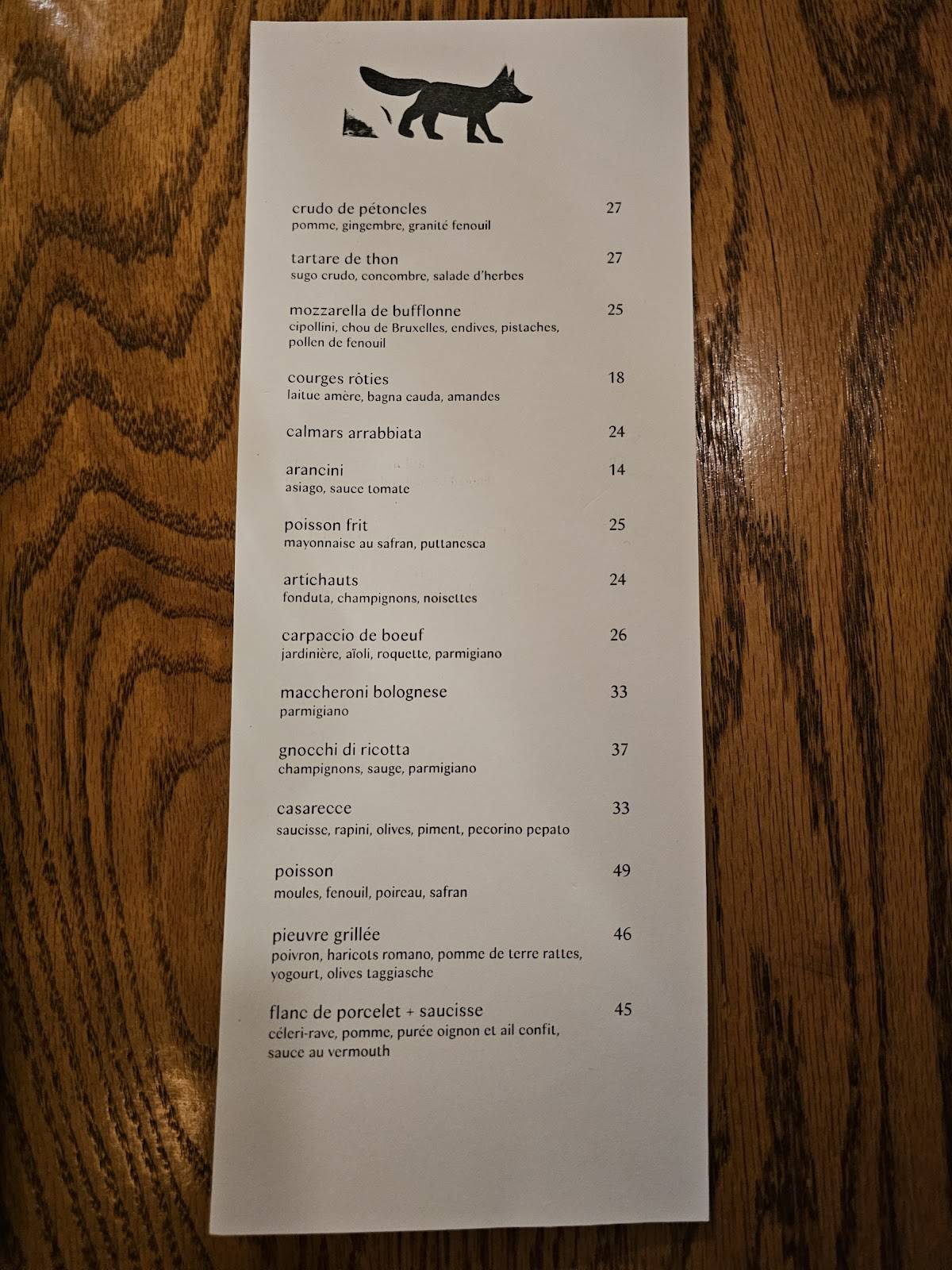 Menu au Restaurant Moccione, Montréal