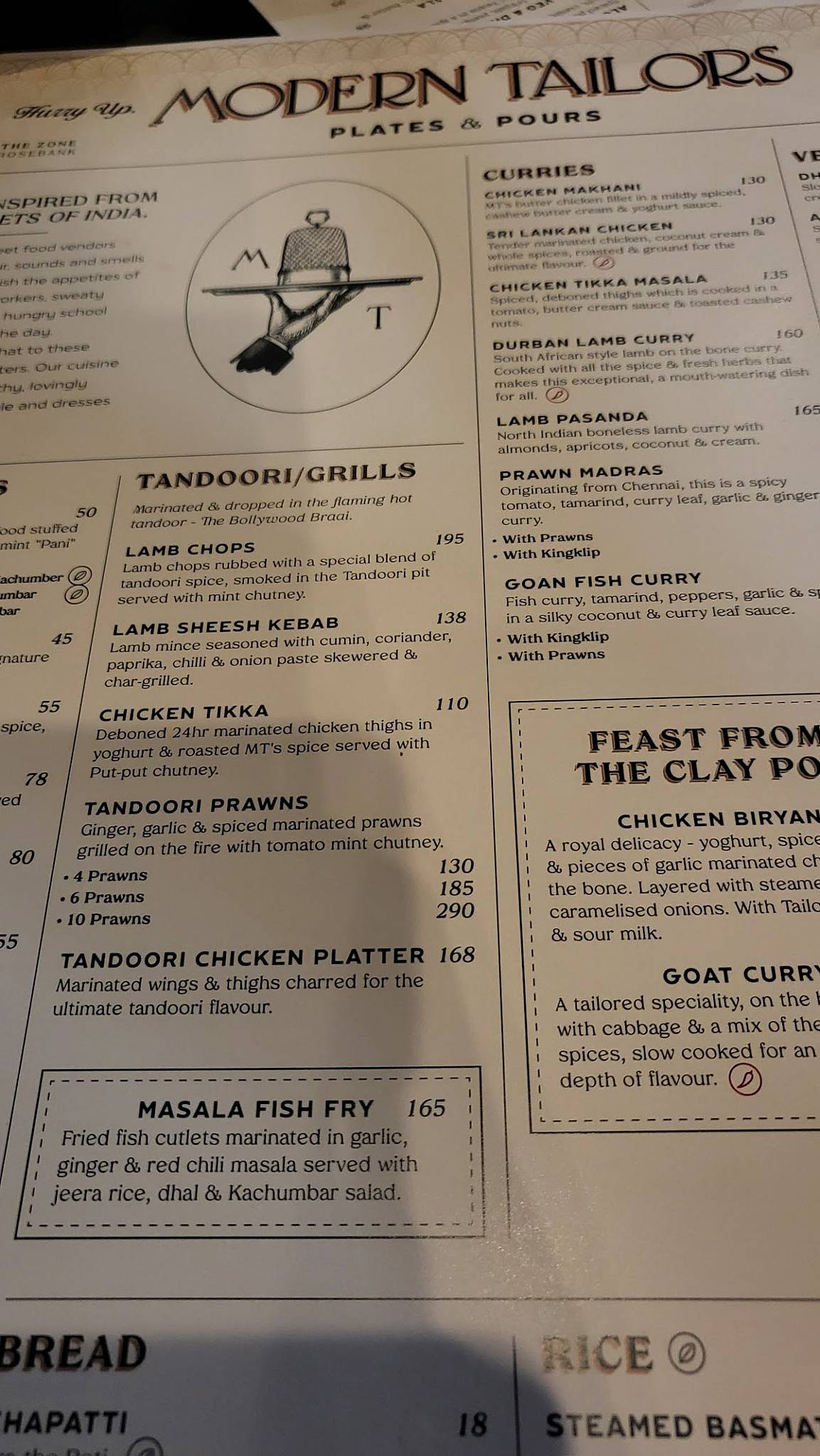 Menu at Modern Tailors restaurant, Johannesburg