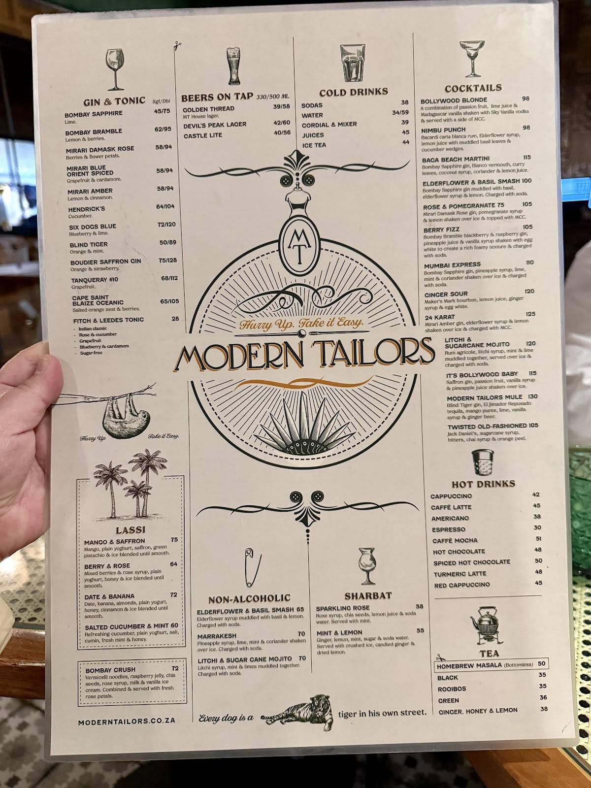Menu at Modern Tailors restaurant, Johannesburg, 189 Oxford Rd