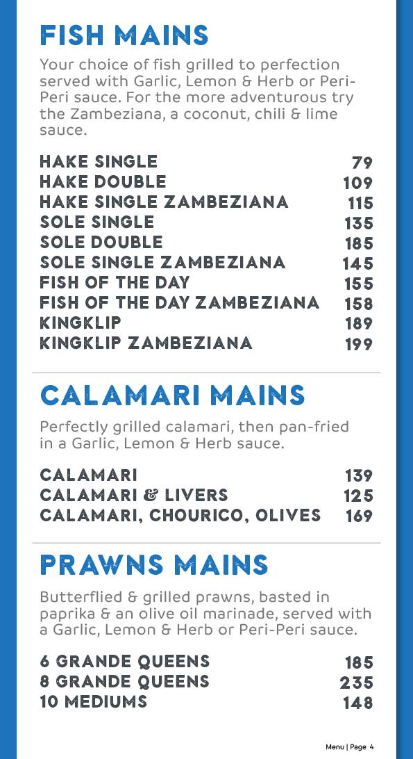 Menu at Mozambik Nelspruit restaurant, Nelspruit