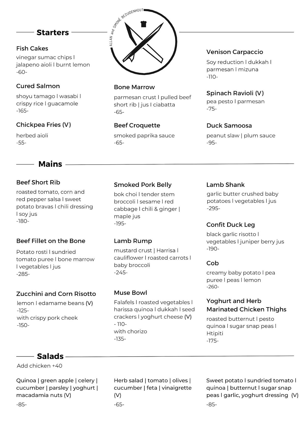 Menu at Muse Restaurant, South Africa