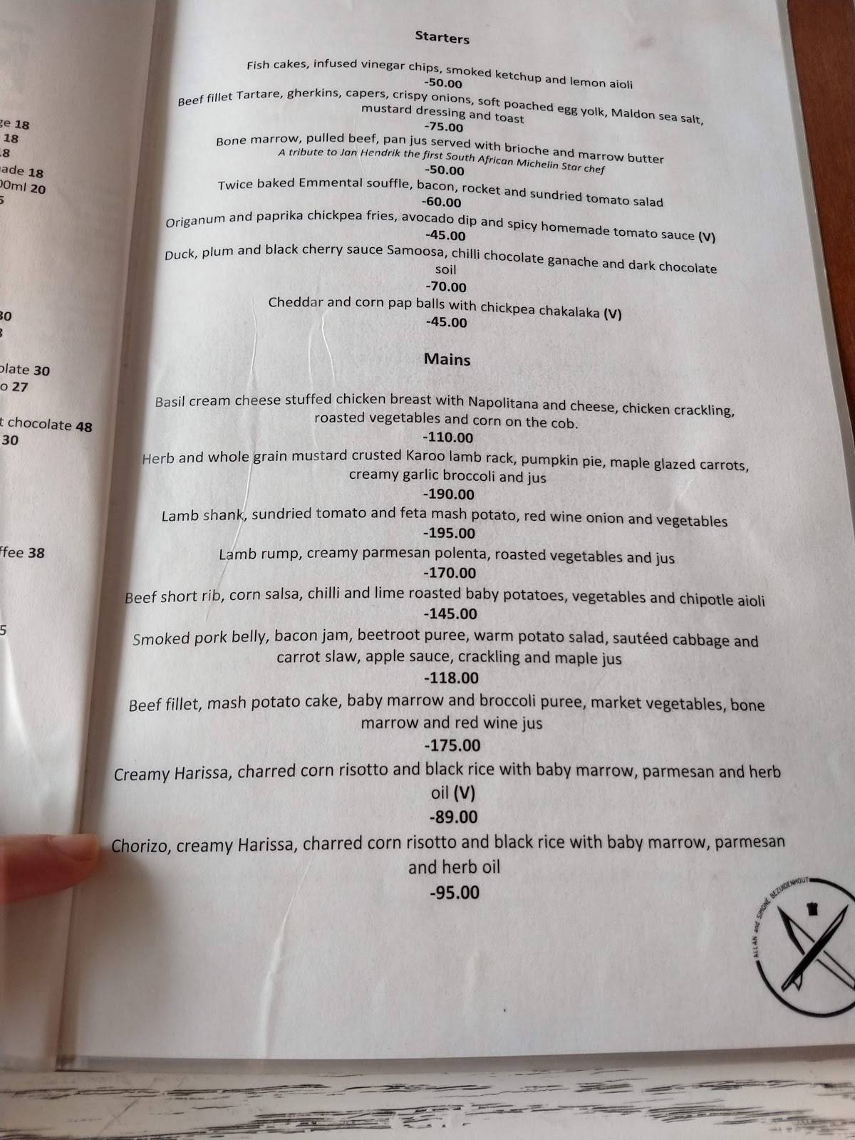 Menu at Muse Restaurant, South Africa