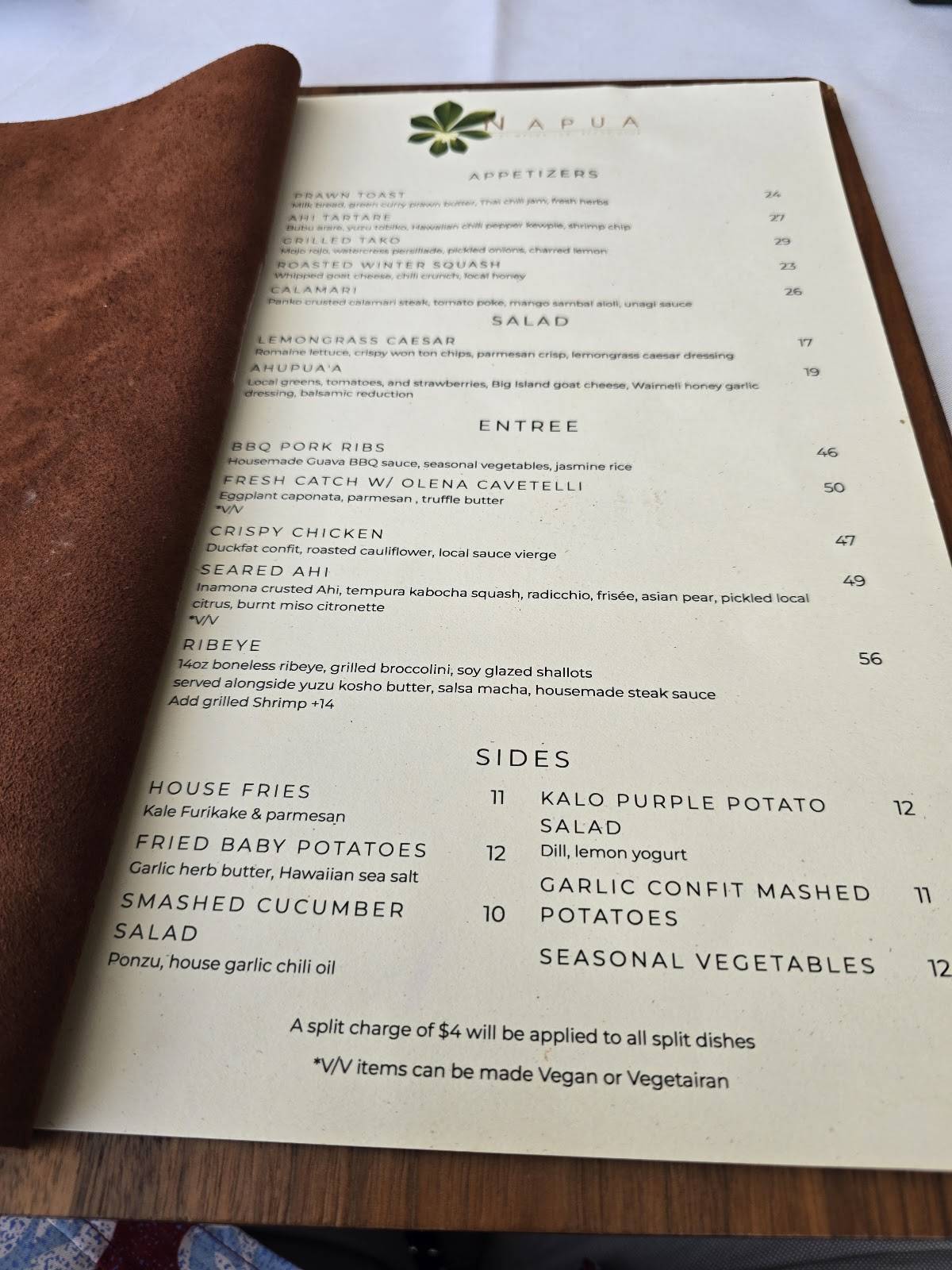 Menu at Napua at Mauna Lani Beach club, Waikoloa Village