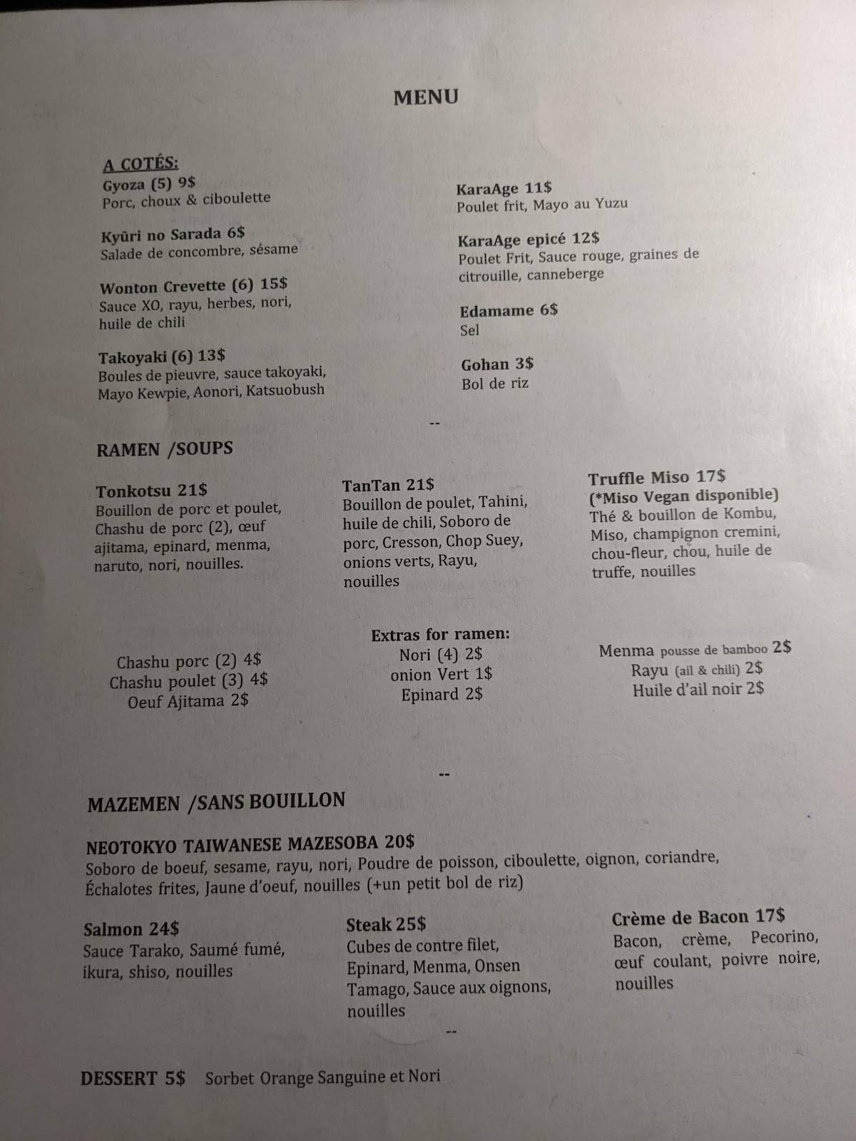 Menu au Neotokyo restaurant, Montréal