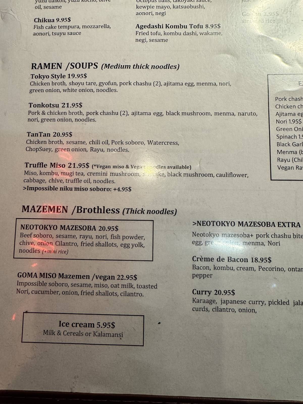 Menu au Neotokyo restaurant, Montréal