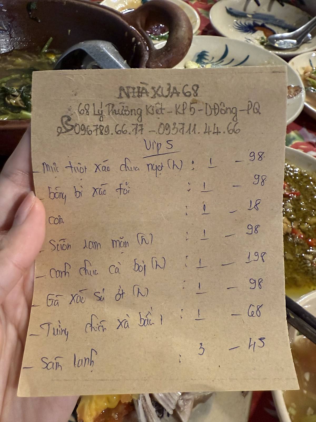 Menu at Nhà Xưa 68 restaurant, Phu Quoc