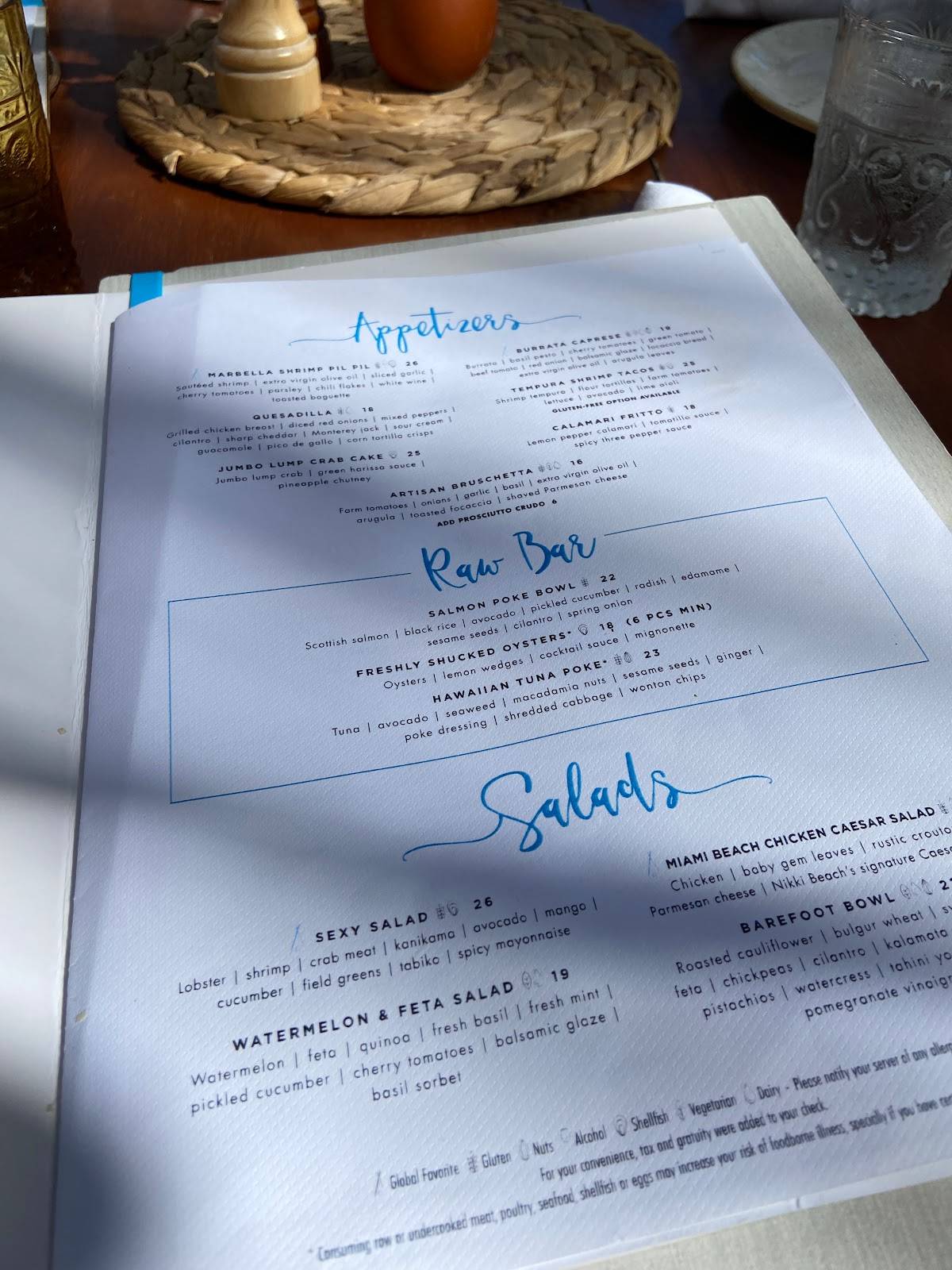 Menu at Nikki Beach Miami restaurant, Miami Beach, 1 Ocean Dr
