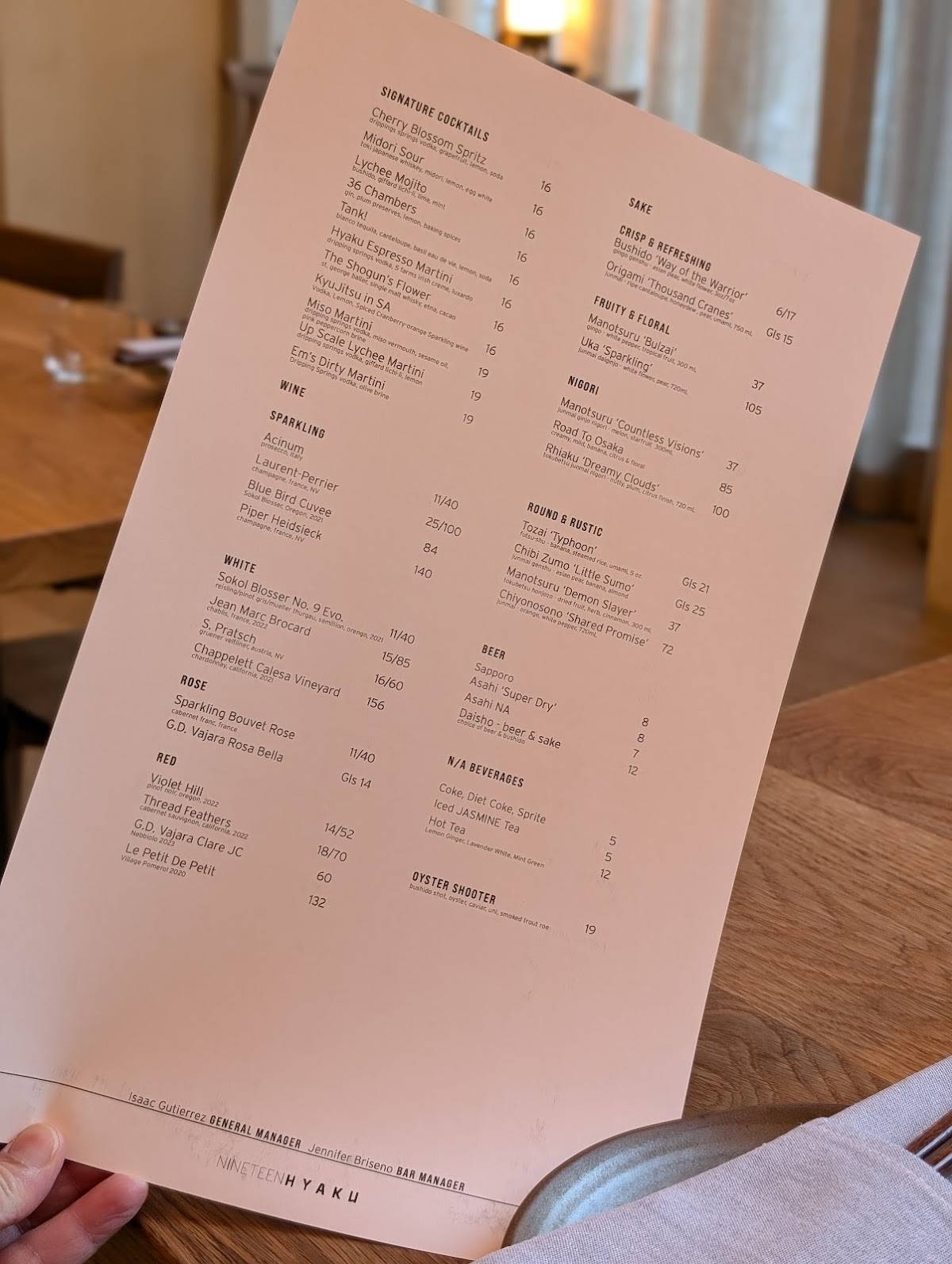 Menu at Nineteen Hyaku restaurant, San Antonio