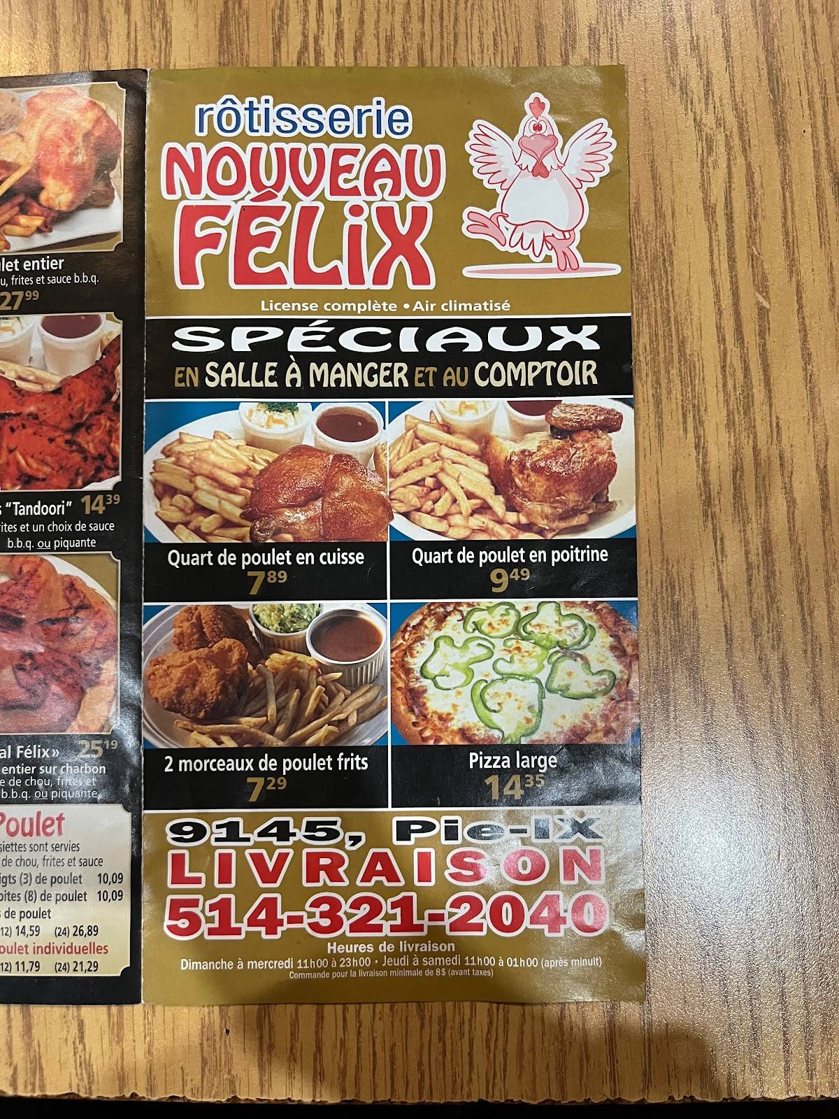 Menu at Restaurant Nouveau Félix, Montréal