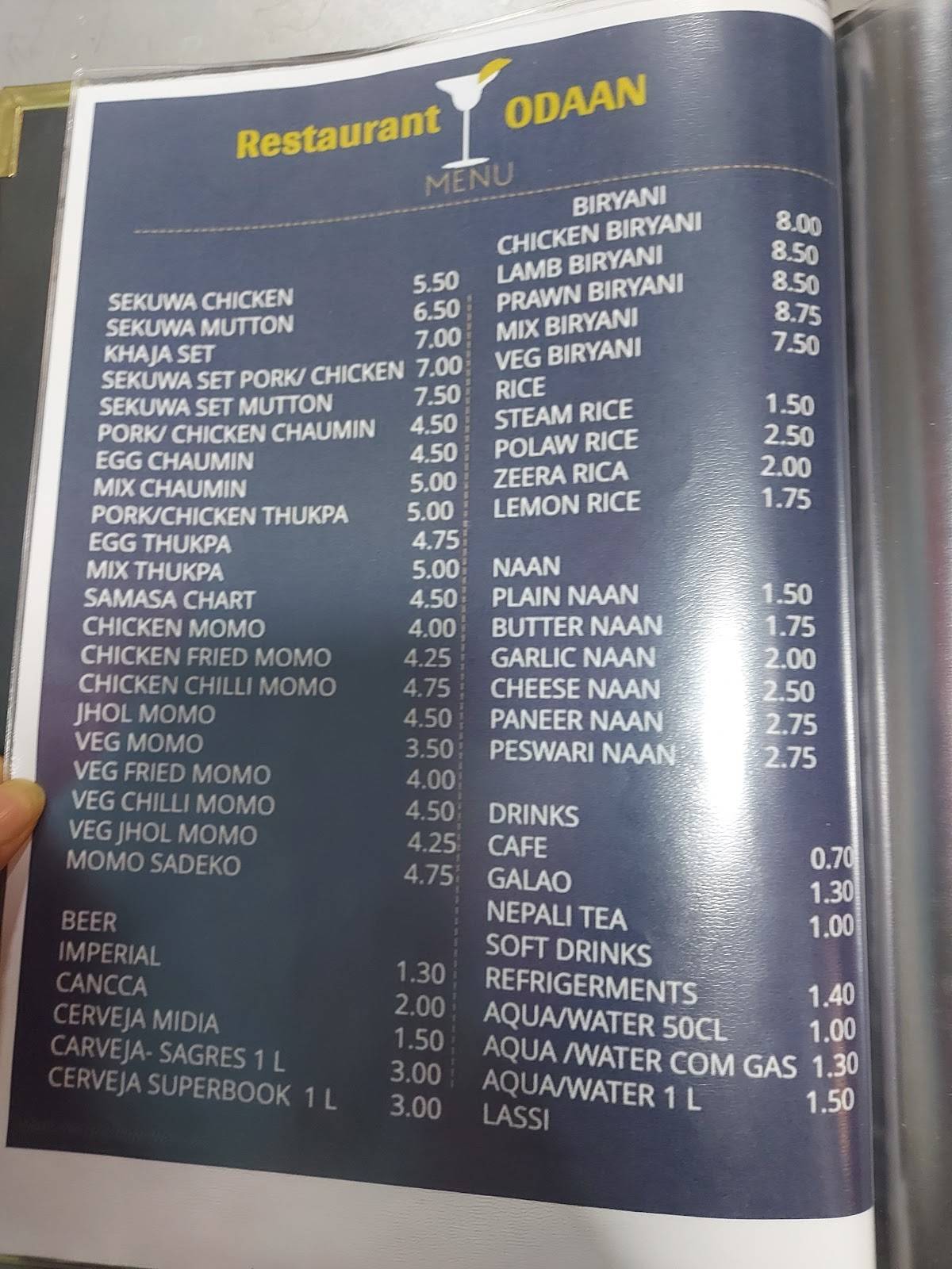 Menu em Restaurant ODAAN (Nepalese & Indian ), Lisboa