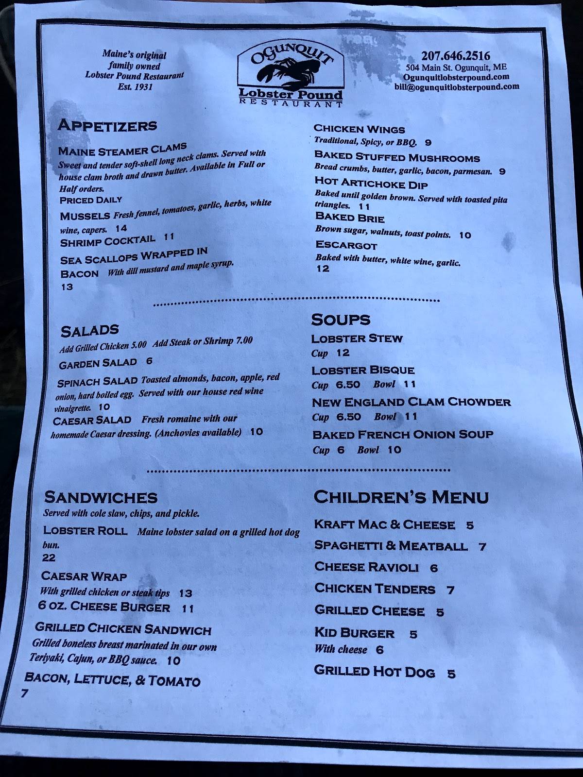 Menu at Ogunquit Lobster Pound Restaurant, Ogunquit, 504 Main St
