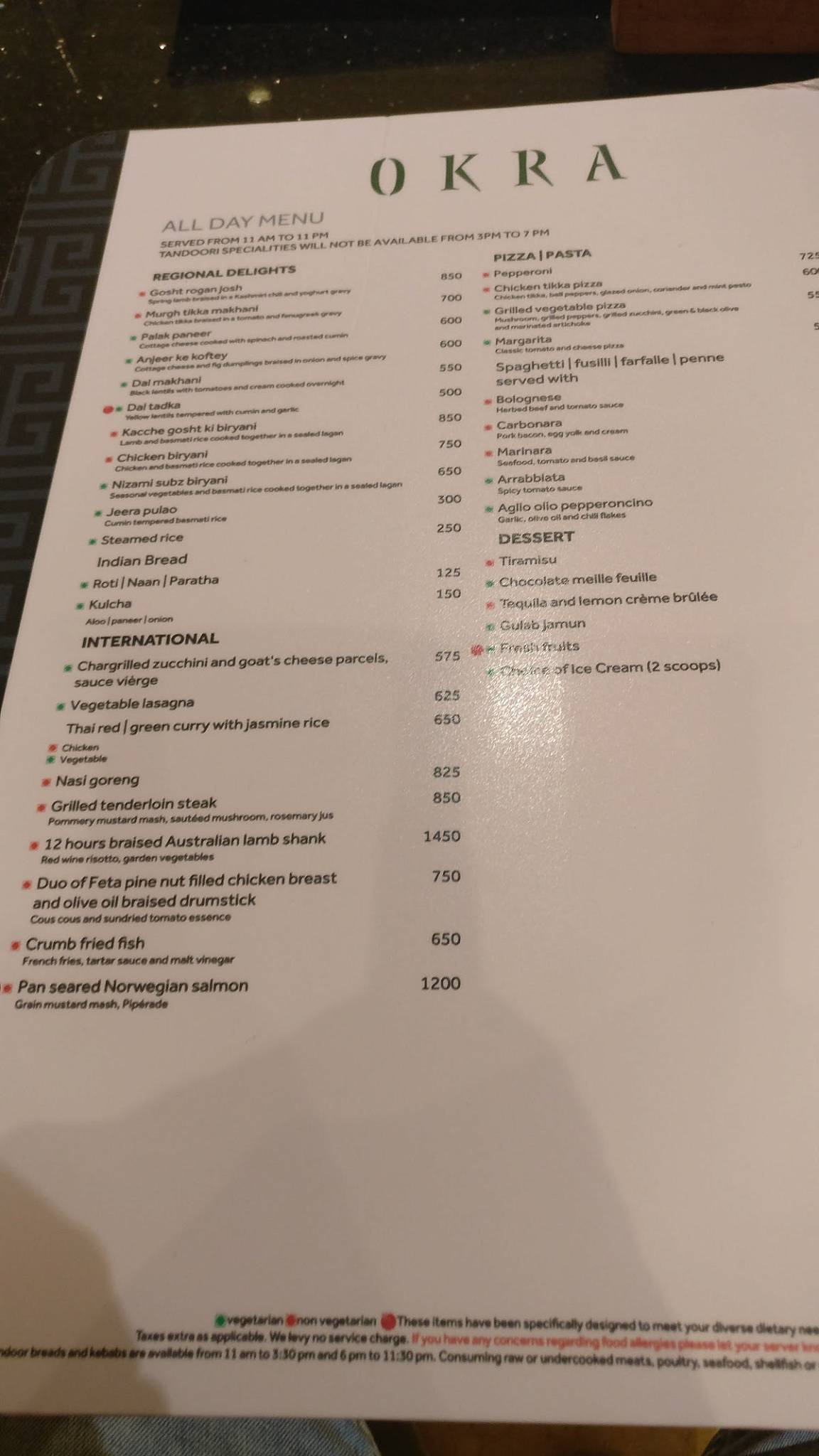 Menu at Okra, Hyderabad