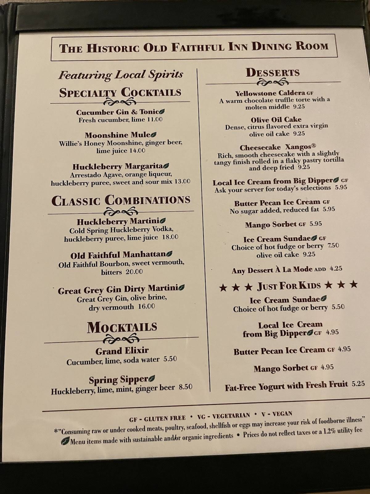 Menu at Old Faithful Inn Dining Room restaurant, USA, Old Faithful Rd