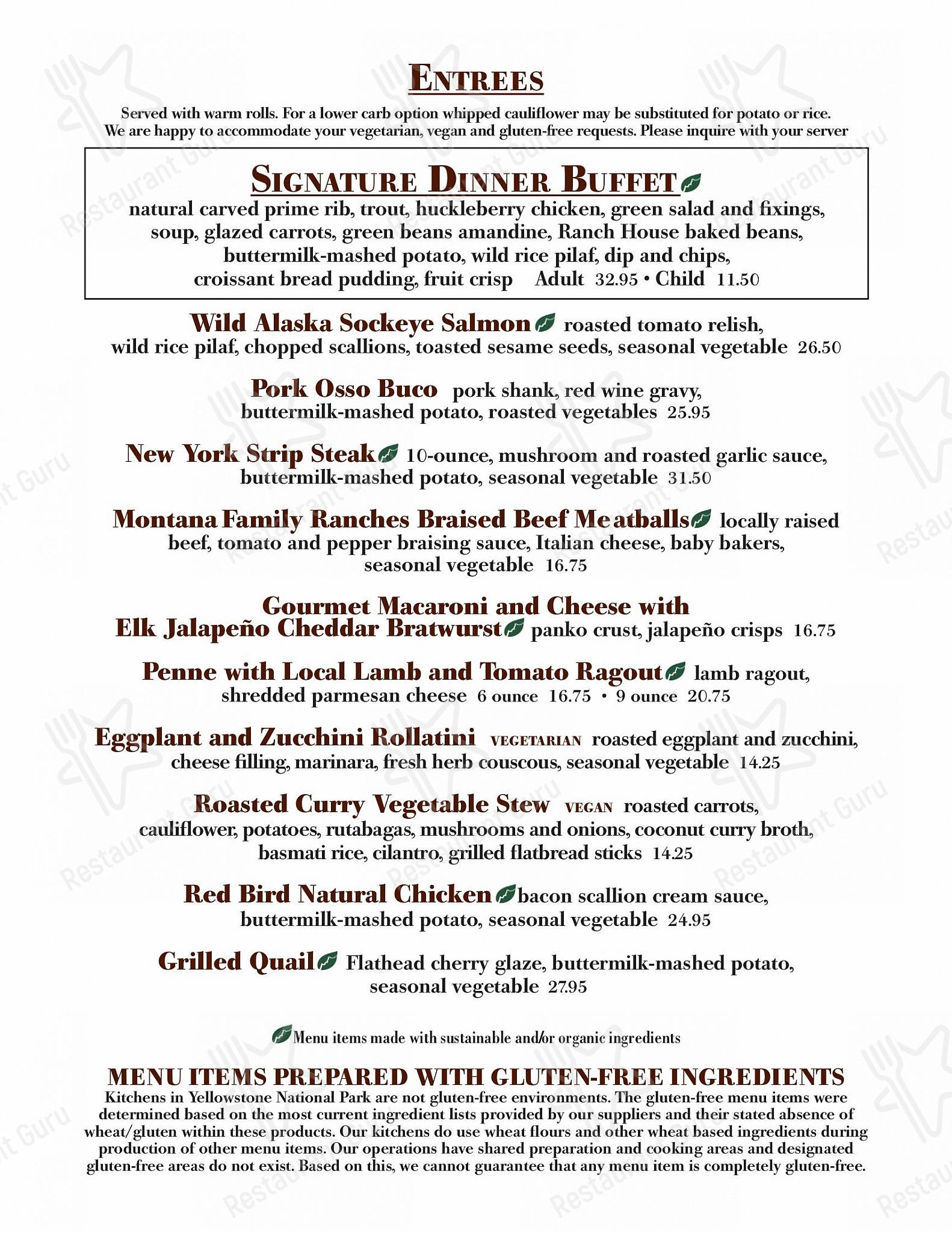 Menu at Old Faithful Inn Dining Room restaurant, USA, Old Faithful Rd