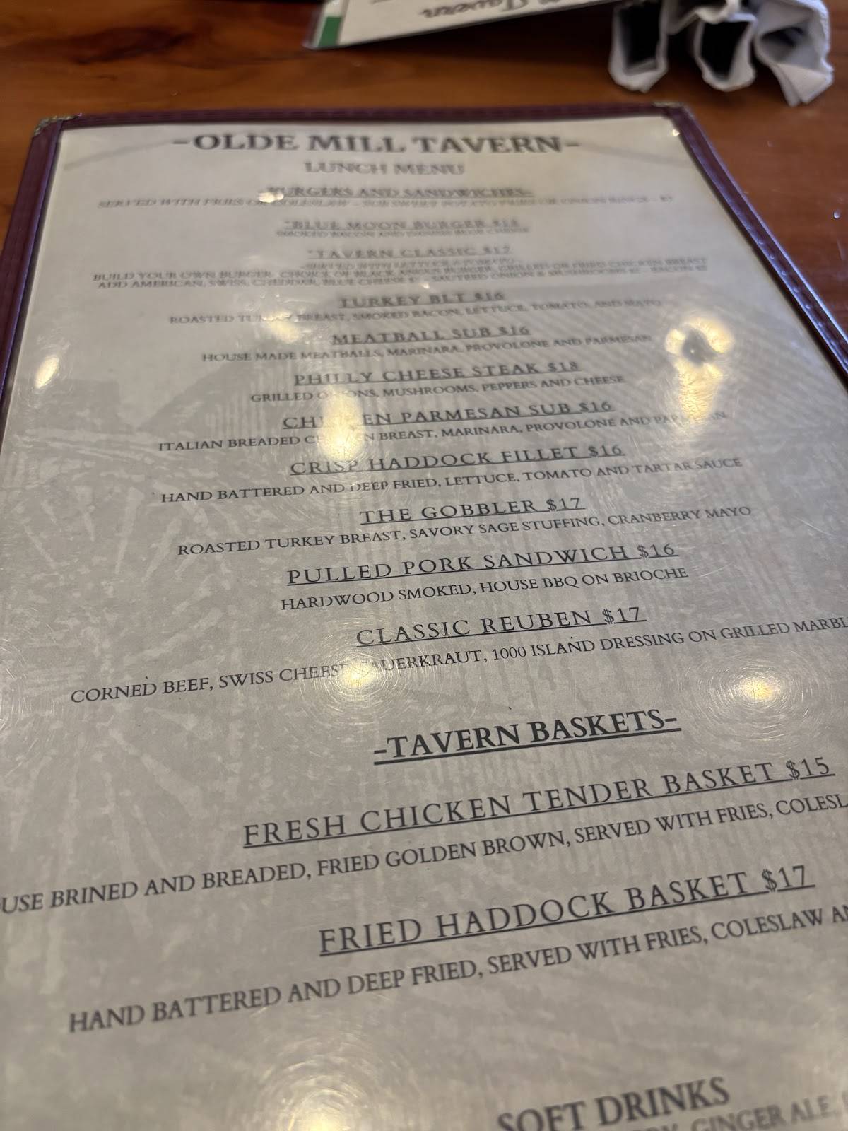 Menu at Olde Mill Tavern restaurant, Harrison