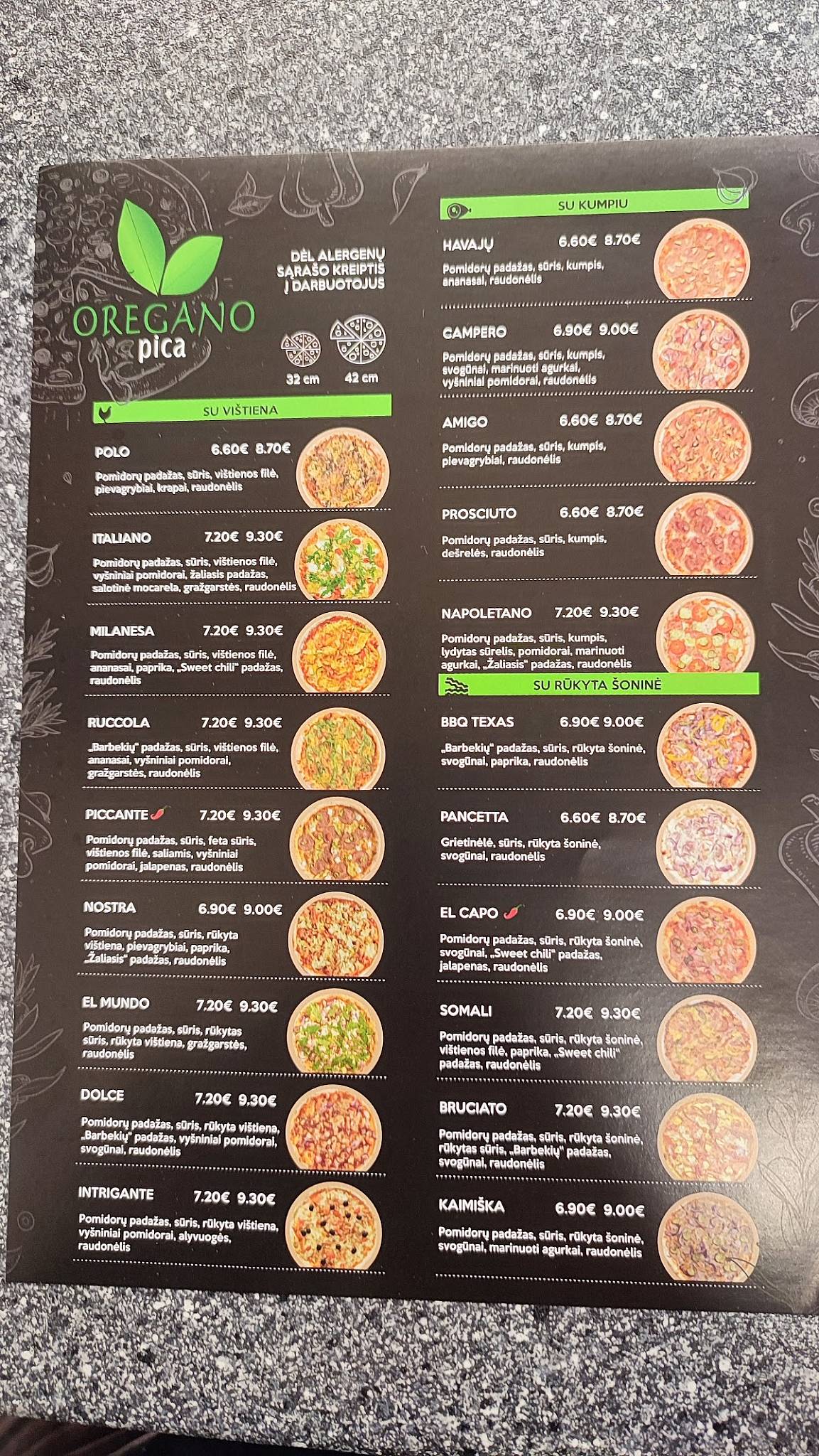Menu at Oregano pica restaurant, Lentvaris