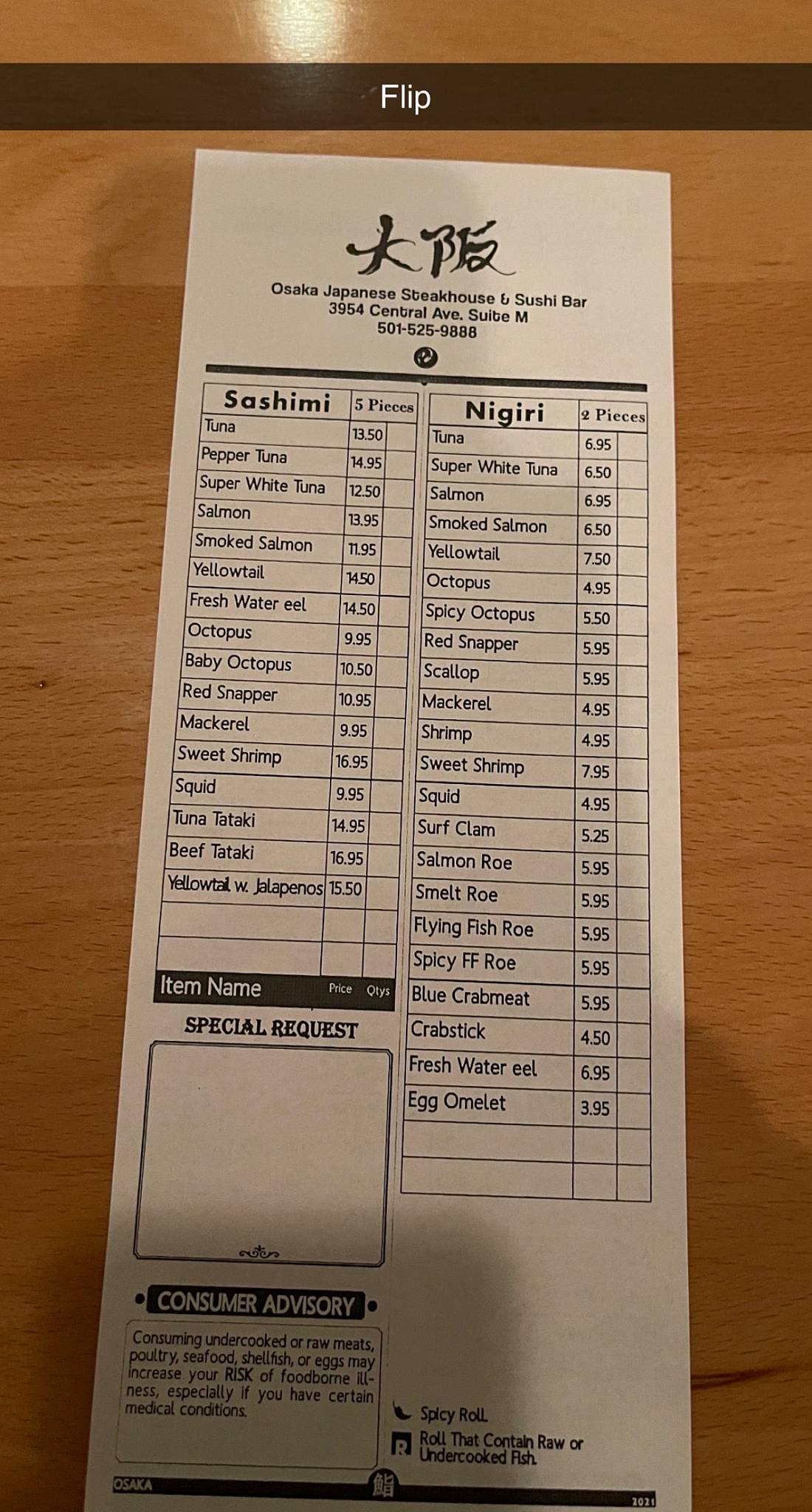 Menu at Osaka Japanese Steakhouse & Sushi Bar, Hot Springs