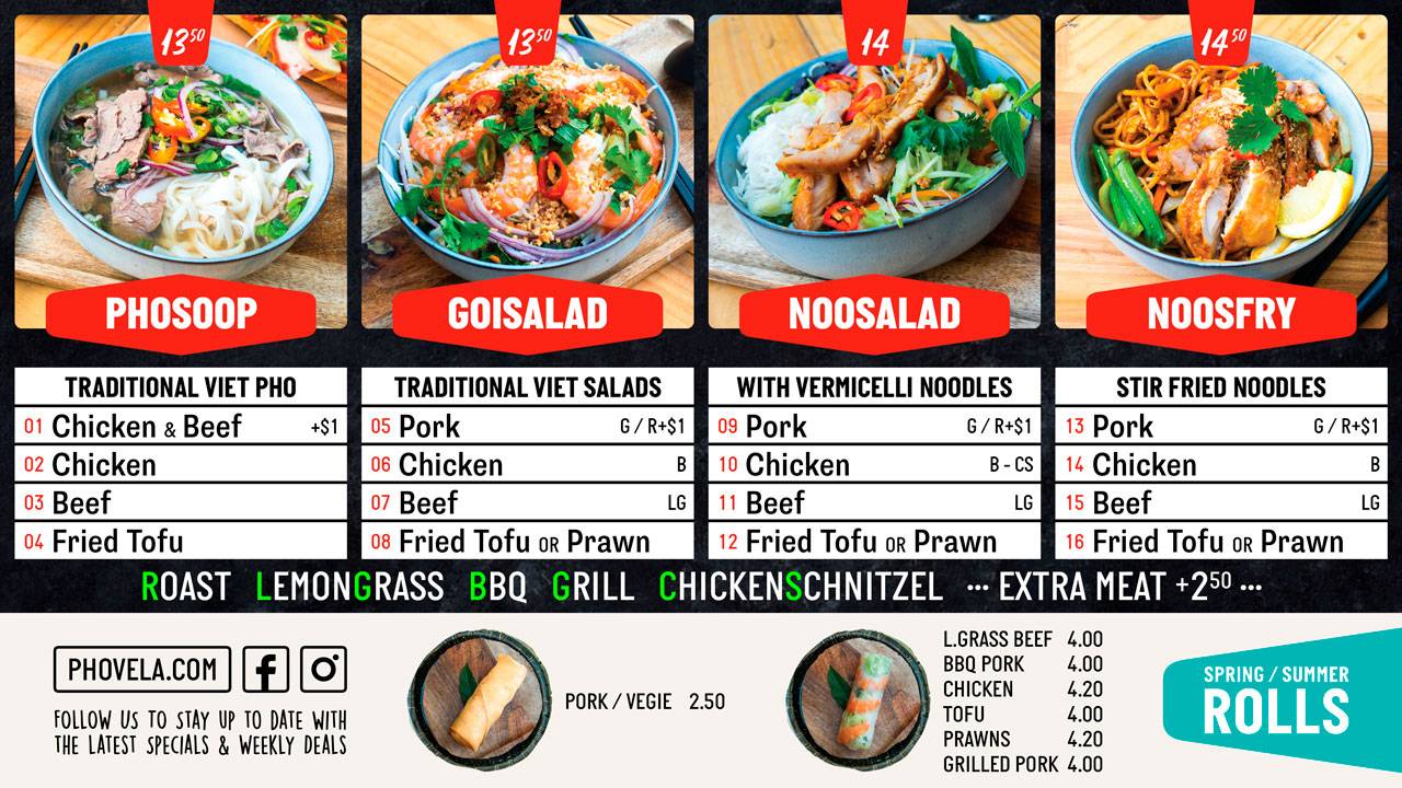 Menu at PHOVELA restaurant, Perth
