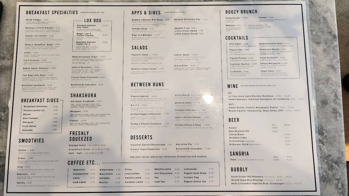 Menu at PIGEON CAFÉ, Montréal, Monkland Ave