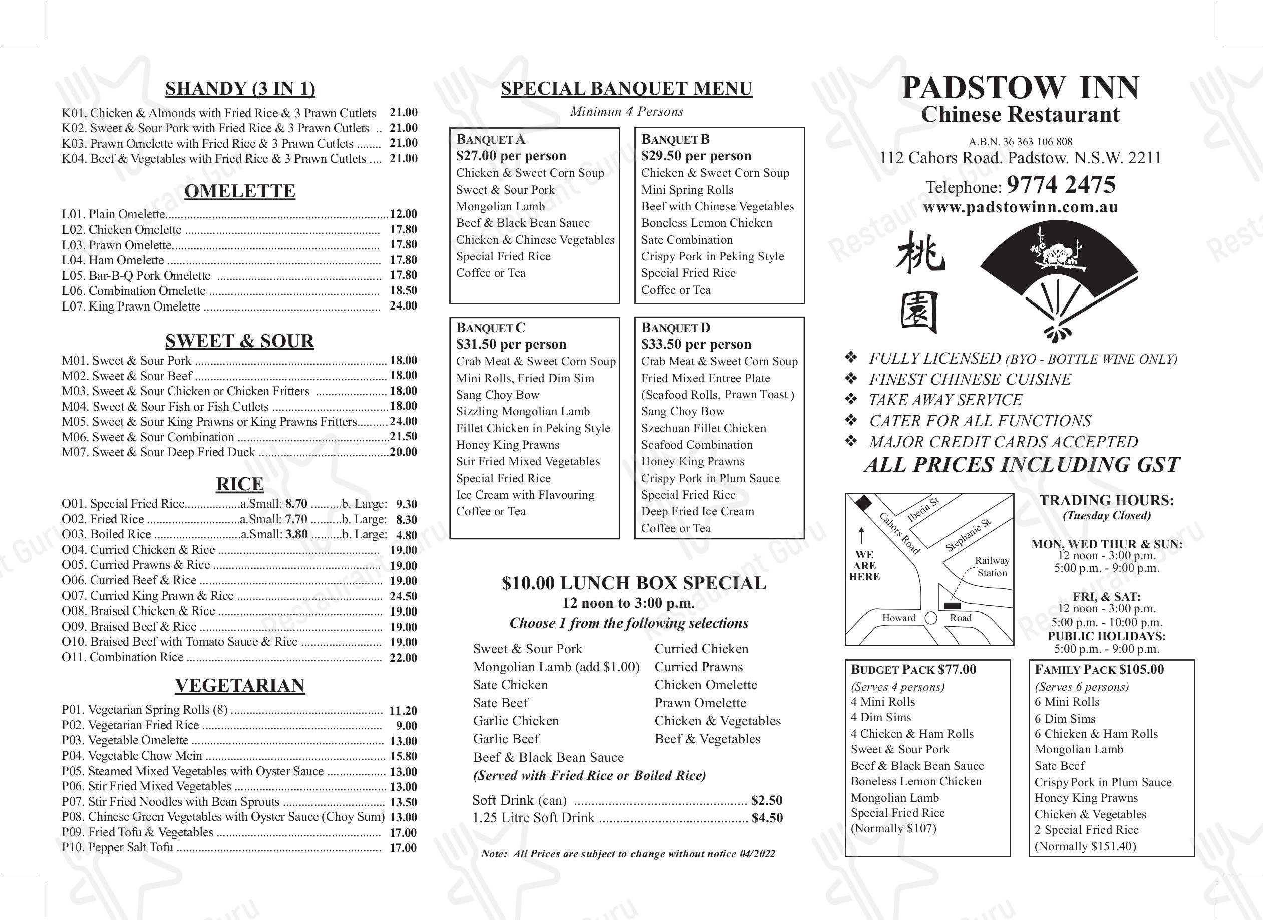 Menu at Padstow Inn Chinese Restaurant, Padstow