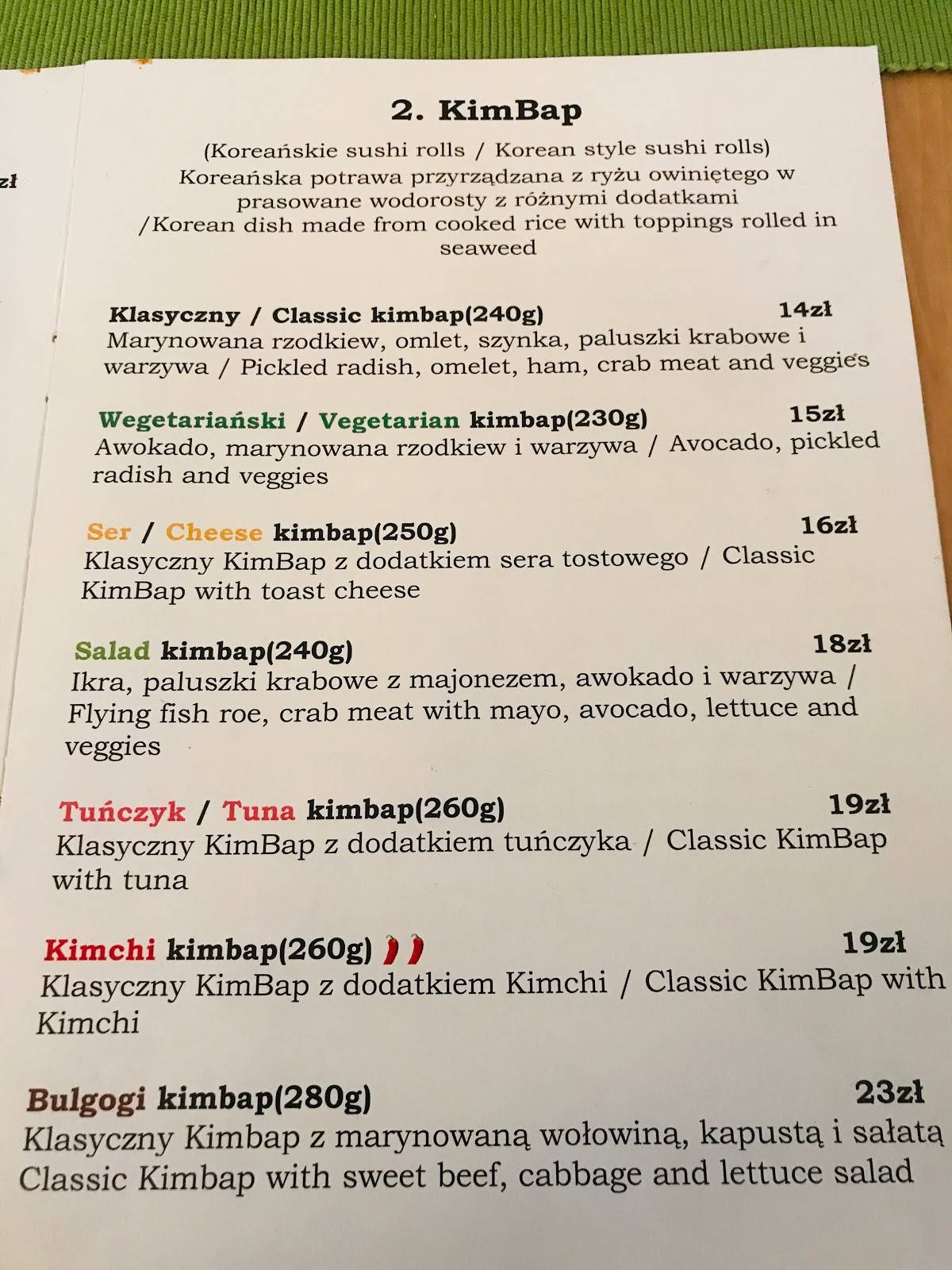 Menu at Pan KimBap restaurant, Kraków
