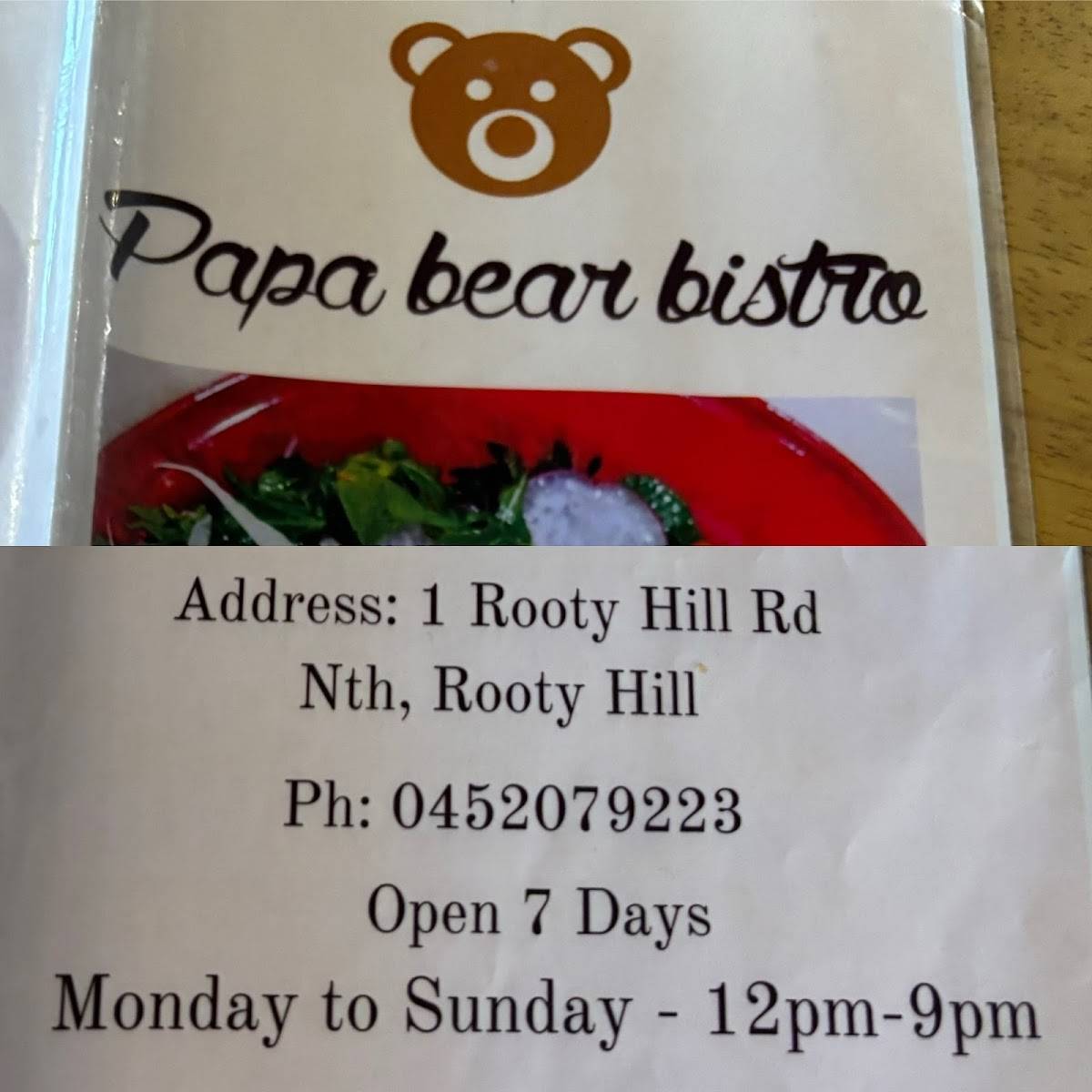 Menu at Papa Bear Bistro restaurant, Rooty Hill