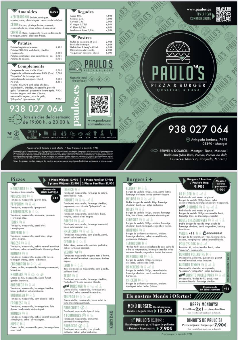 Carta del restaurante Paulo's Pizza and Burger, Montgat