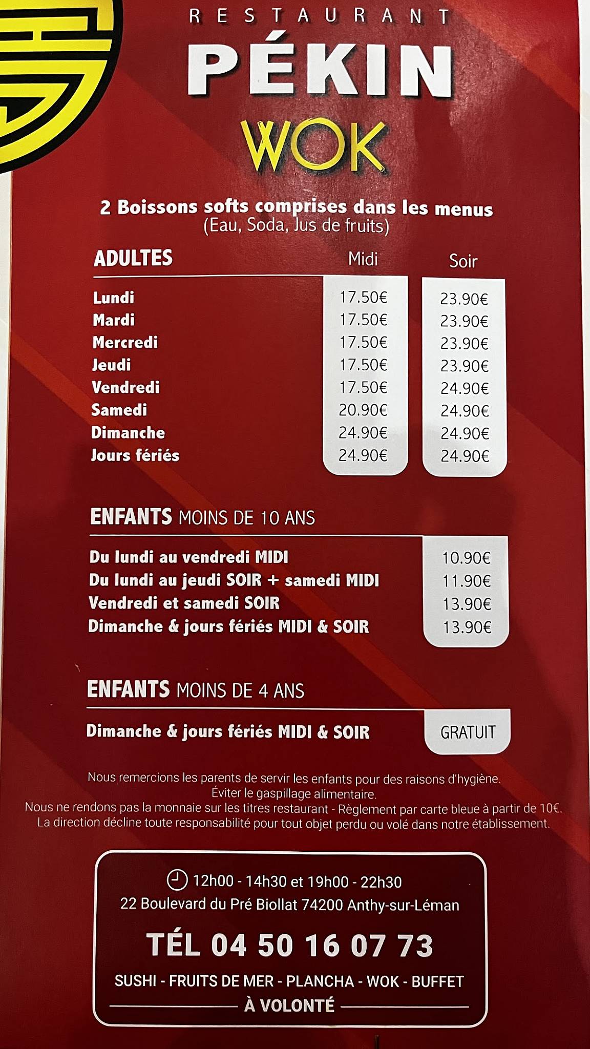 Menu au Pékin wok restaurant, Anthy-sur-Léman