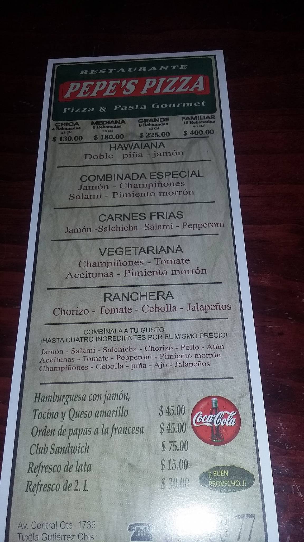 Carta del restaurante Pepe's Pizza, Tuxtla Gutiérrez, Av. Central Ote. 1736