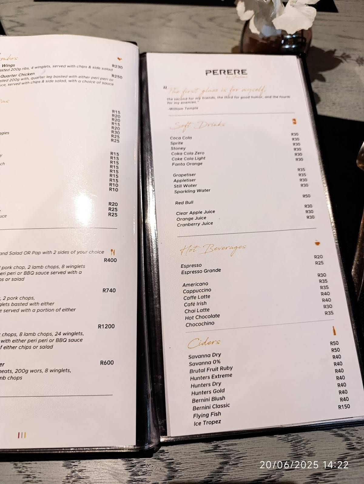 Menu at Perere Polokwane restaurant, Polokwane