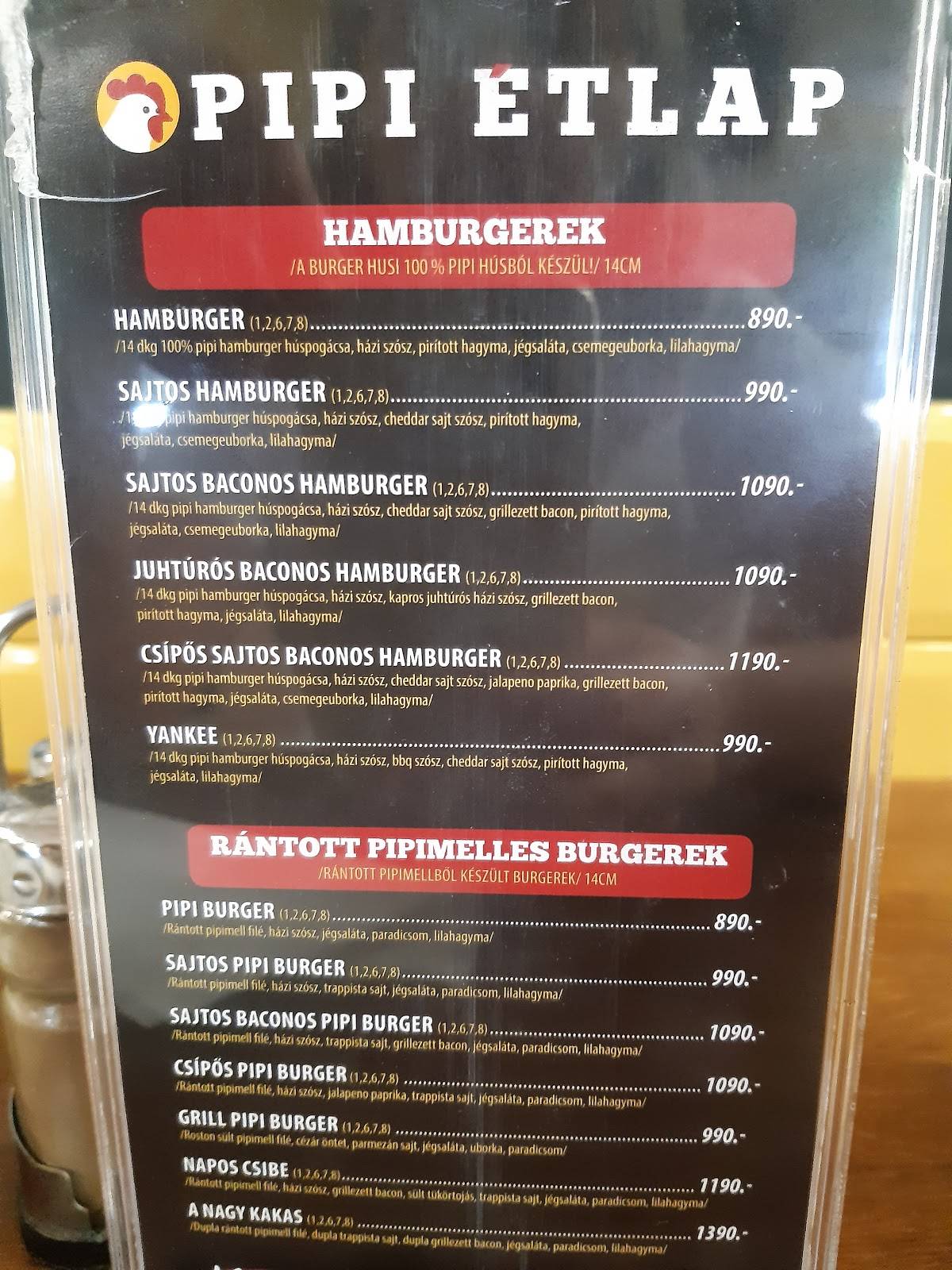 Menu at Pesti Pipi Nyugati restaurant, Budapest, Váci út 16