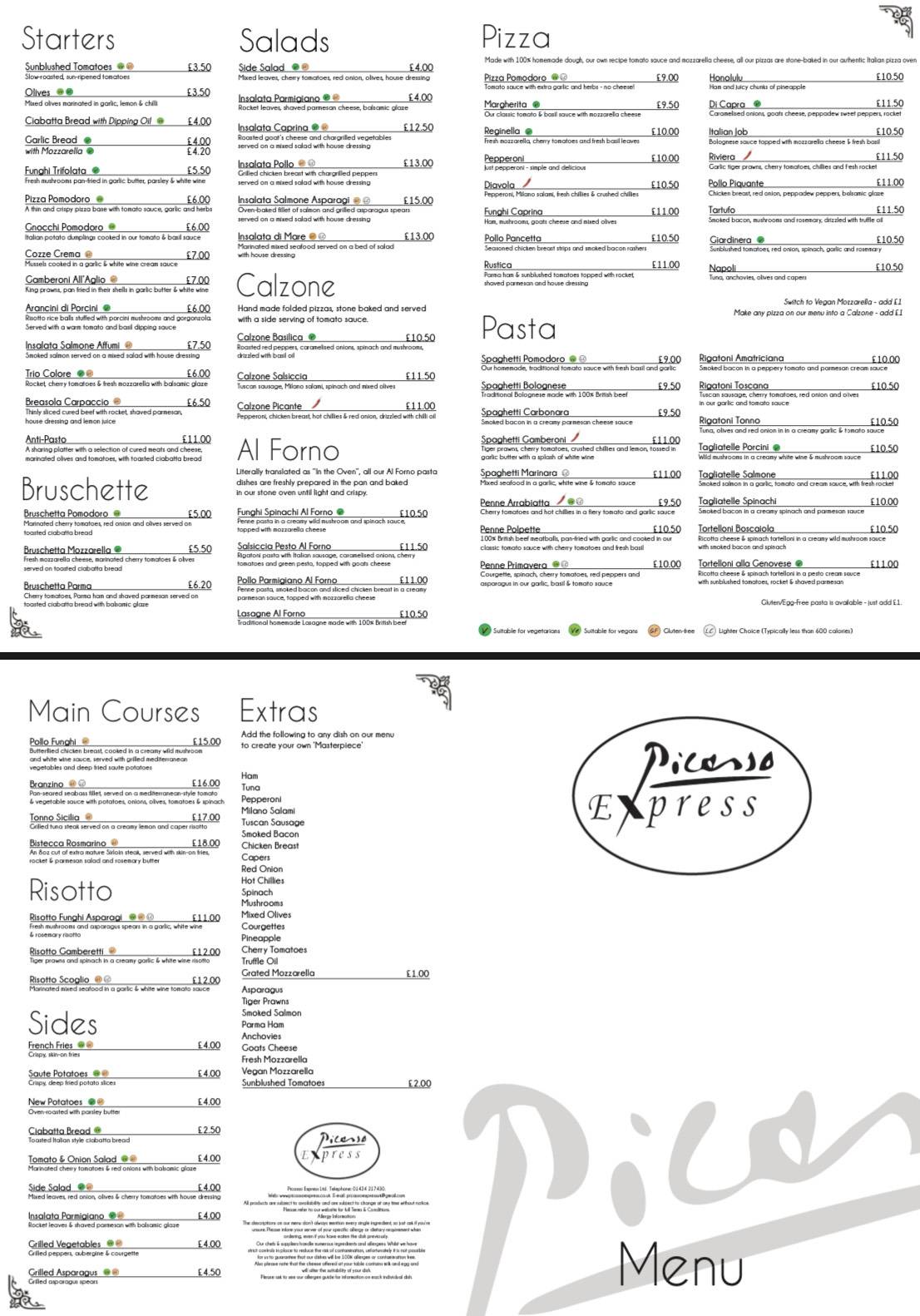 Menu at Picasso Express restaurant, Bexhill