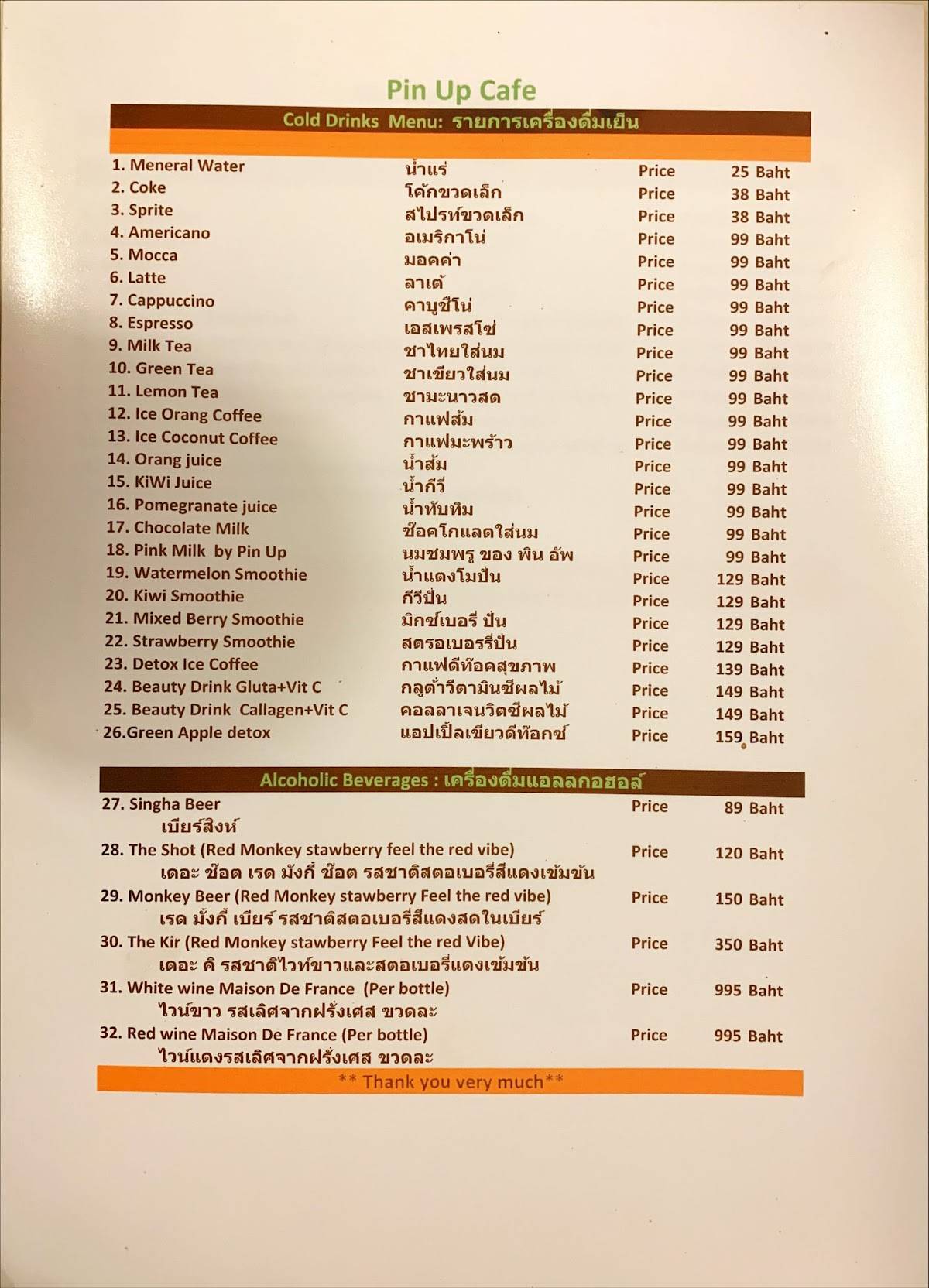 Menu at PinUp Café Hua Hin pub & bar, Thap Tai