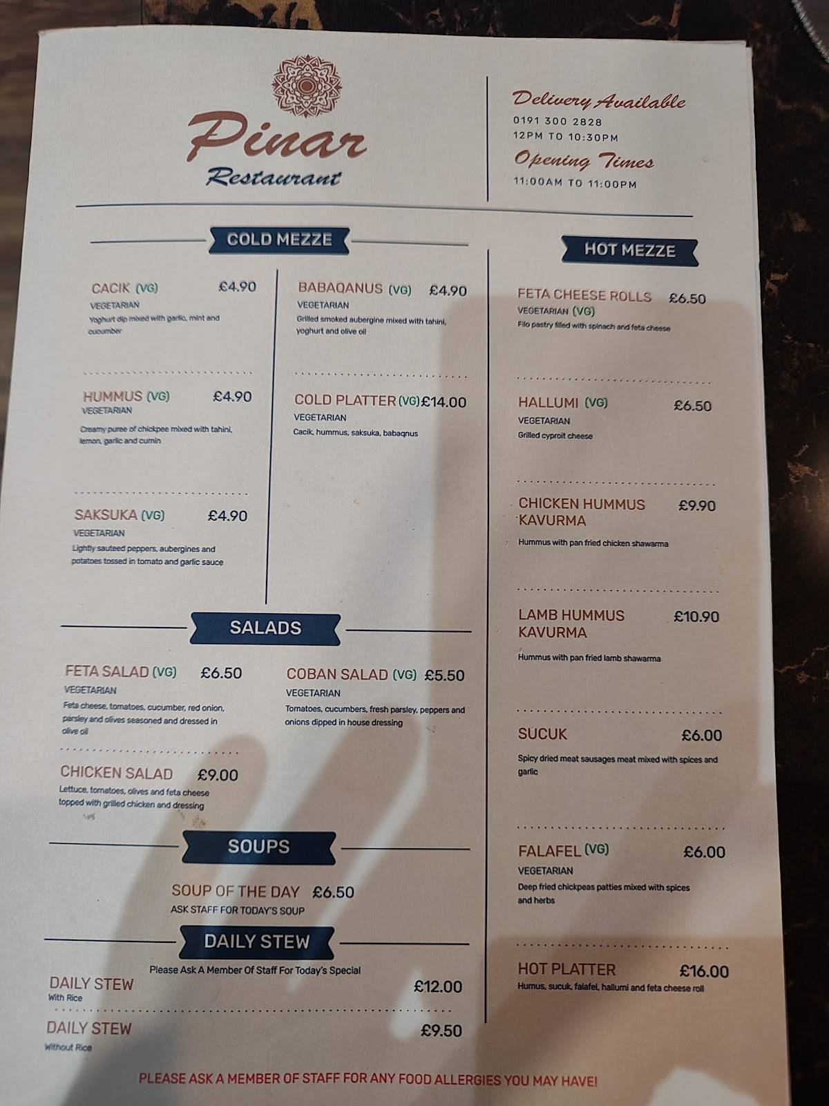 Menu at Pinar Restaurant, Newcastle upon Tyne