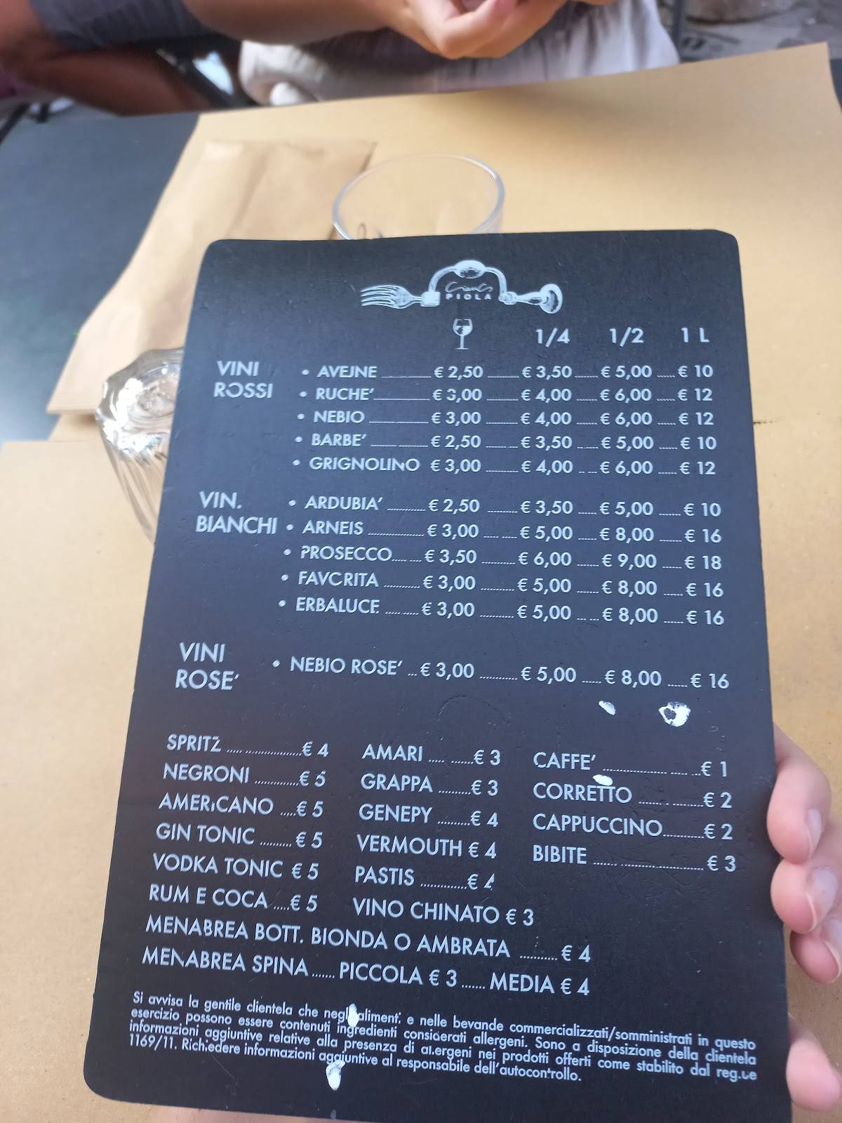Menu au Piola da Cianci restaurant, Turin