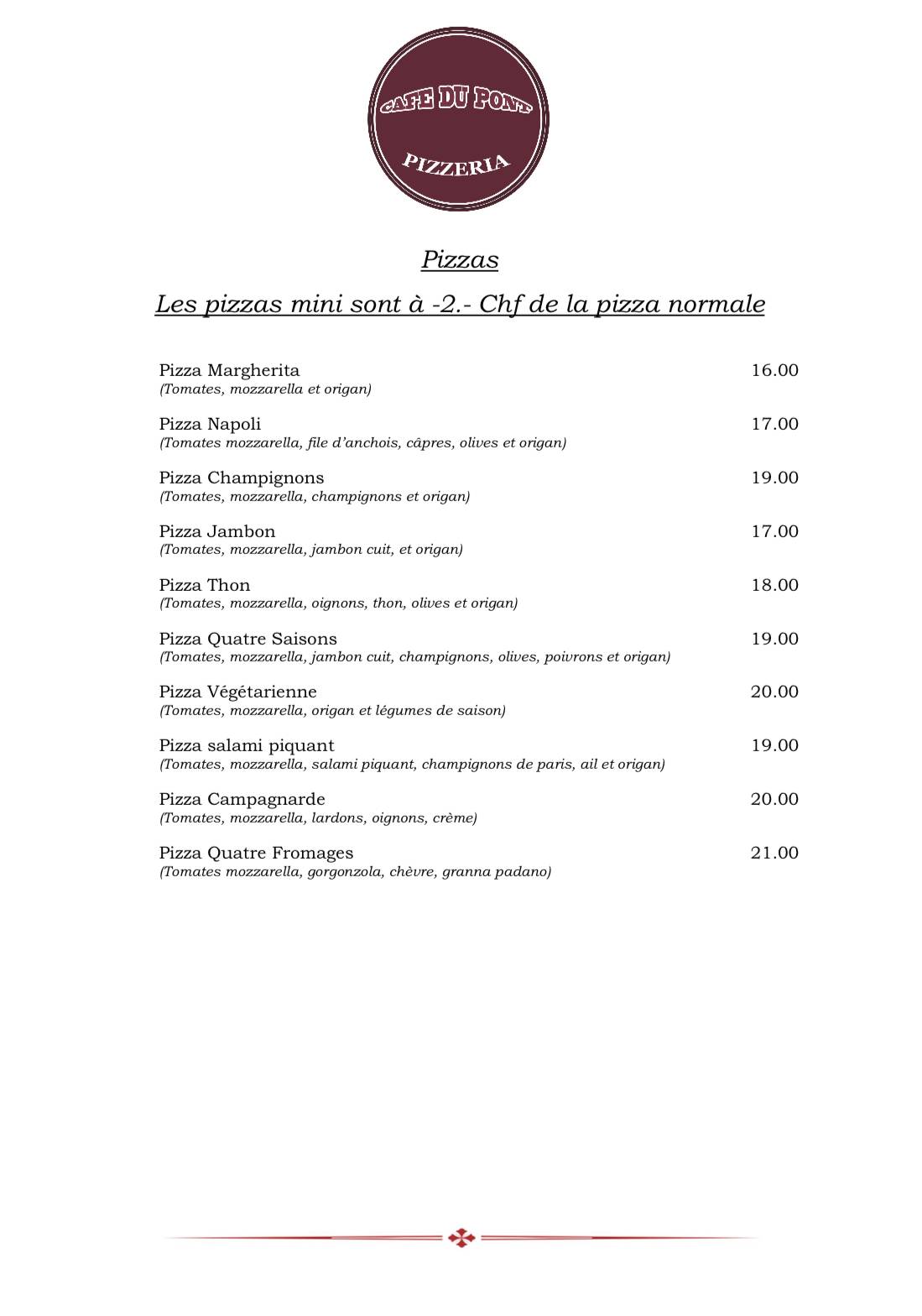 Menu au Restaurant Pizzeria Café du Pont, Sainte-Croix