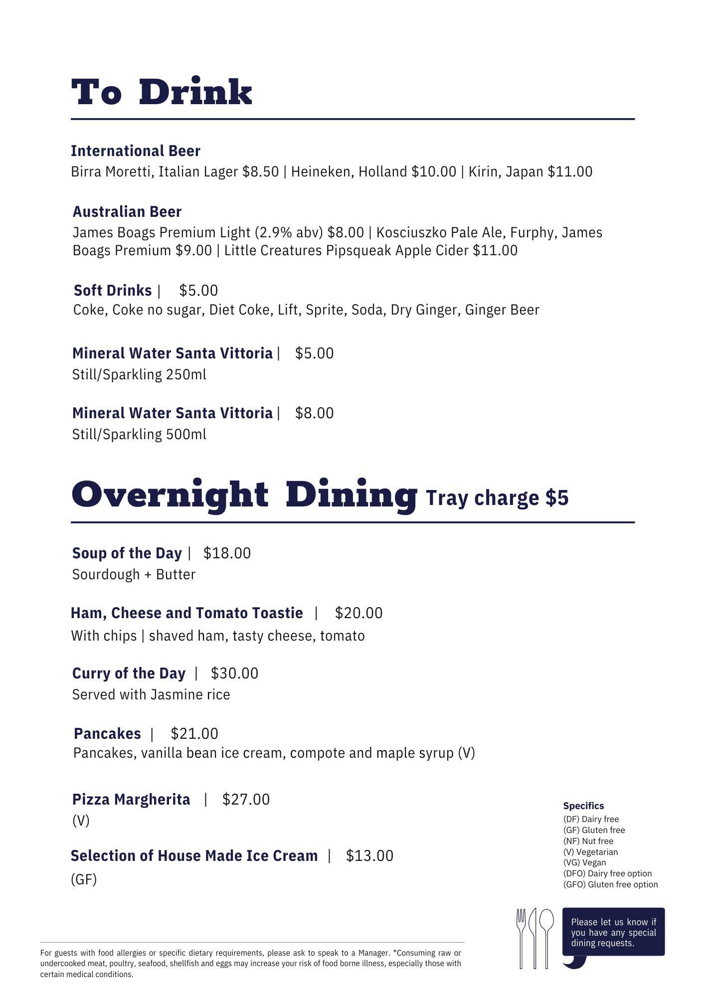 Menu at Platform 270 restaurant, Melbourne