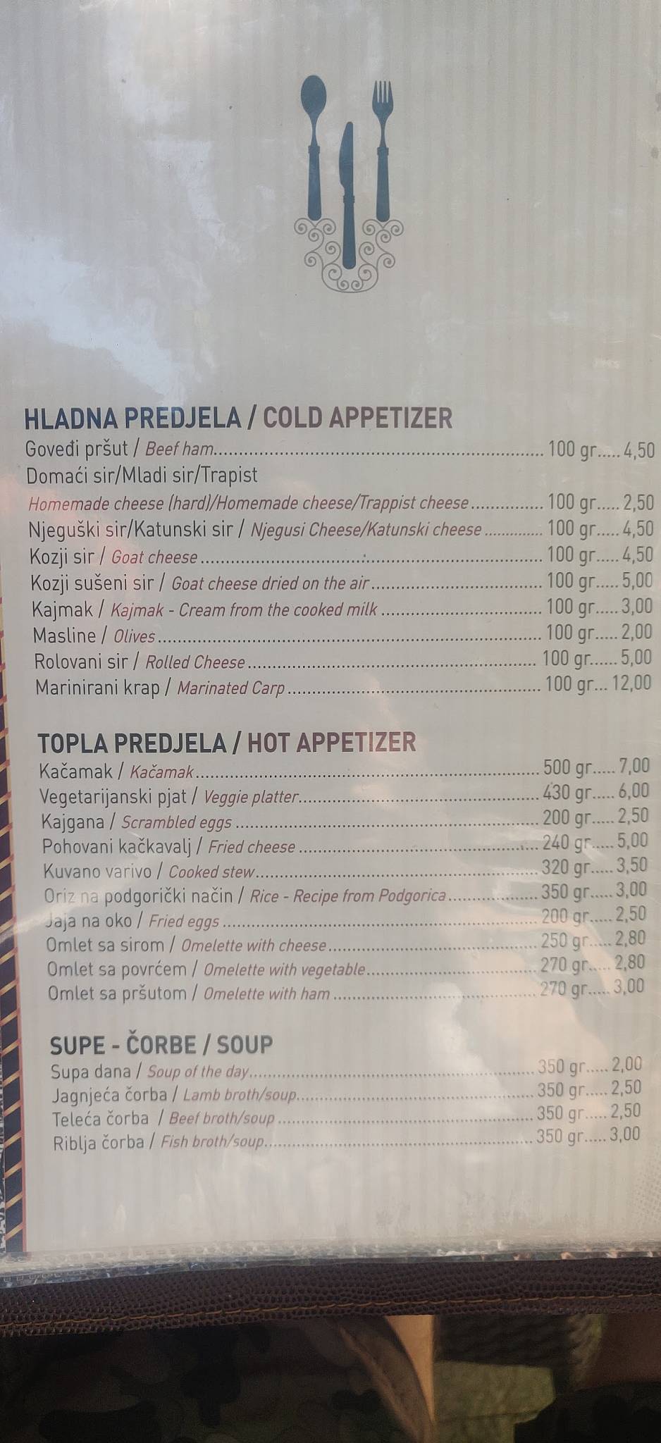 Menu at Pod Volat restaurant, Podgorica
