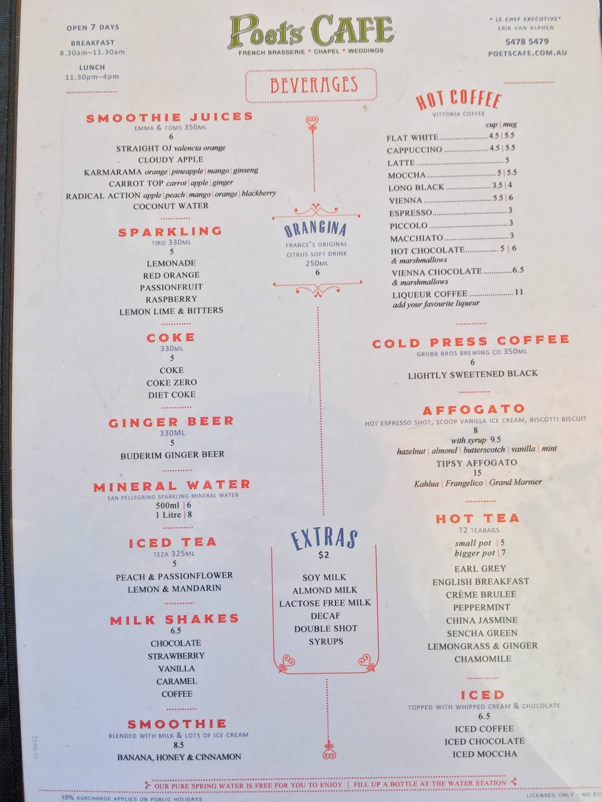 Menu at Poets Cafe, Montville