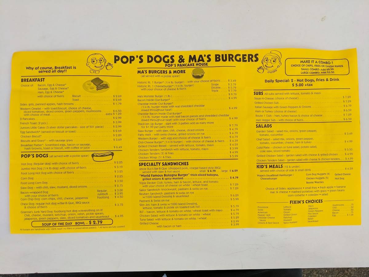Menu at Pop's Dogs & Ma's Burgers restaurant, Richmond