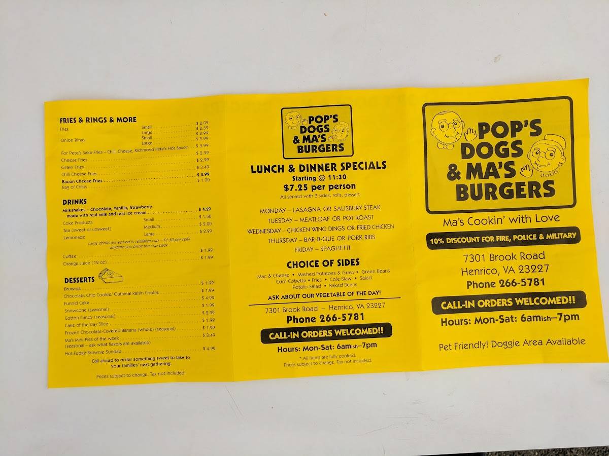 Menu at Pop's Dogs & Ma's Burgers restaurant, Richmond