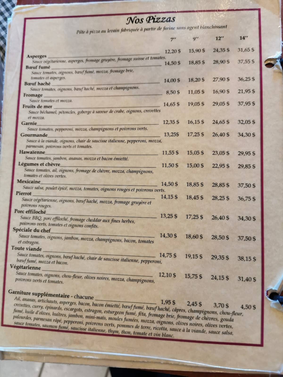 Menu au Porto Bellissimo pizzeria, Saint-Jean-Port-Joli
