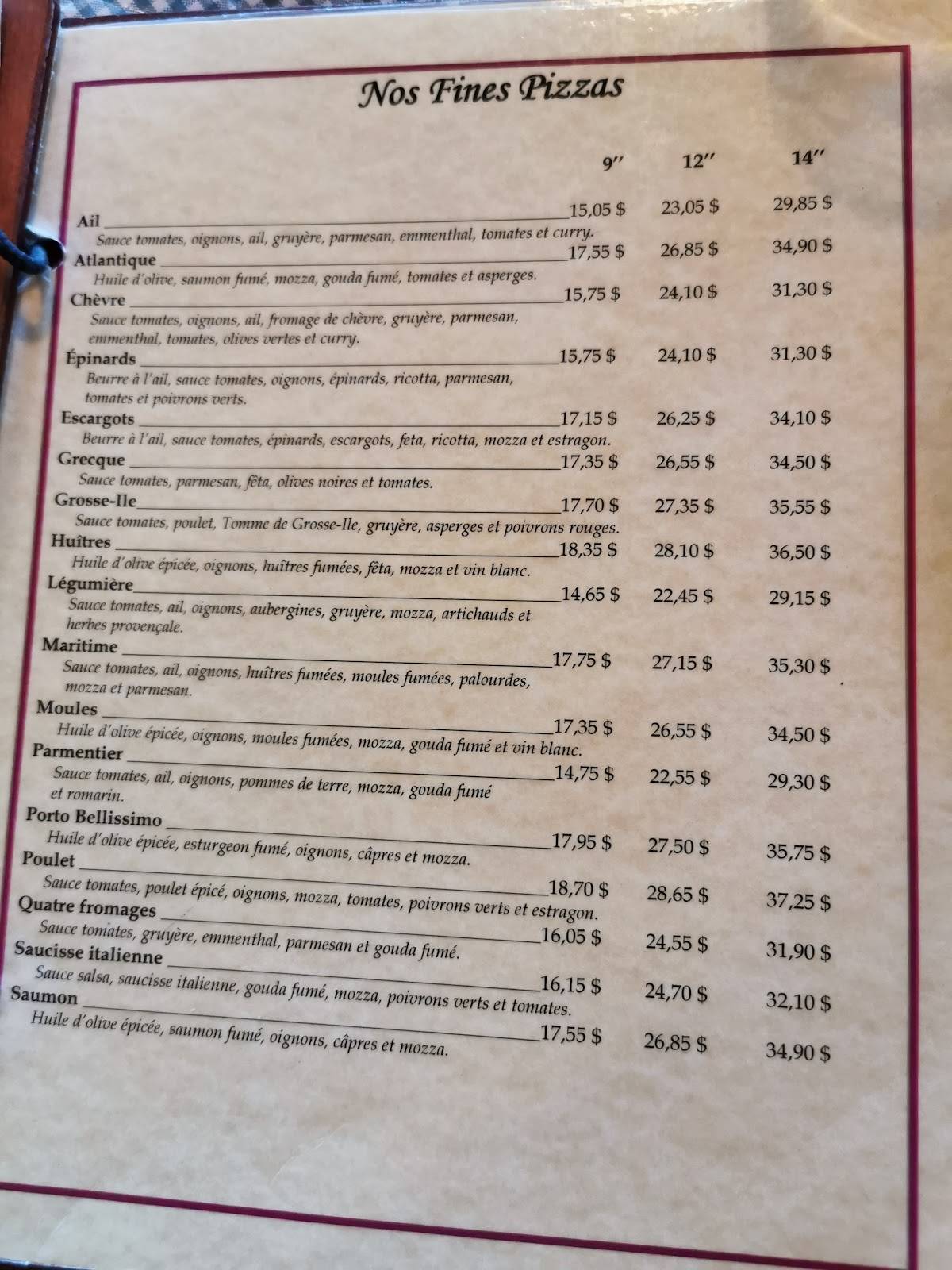 Menu au Porto Bellissimo pizzeria, Saint-Jean-Port-Joli