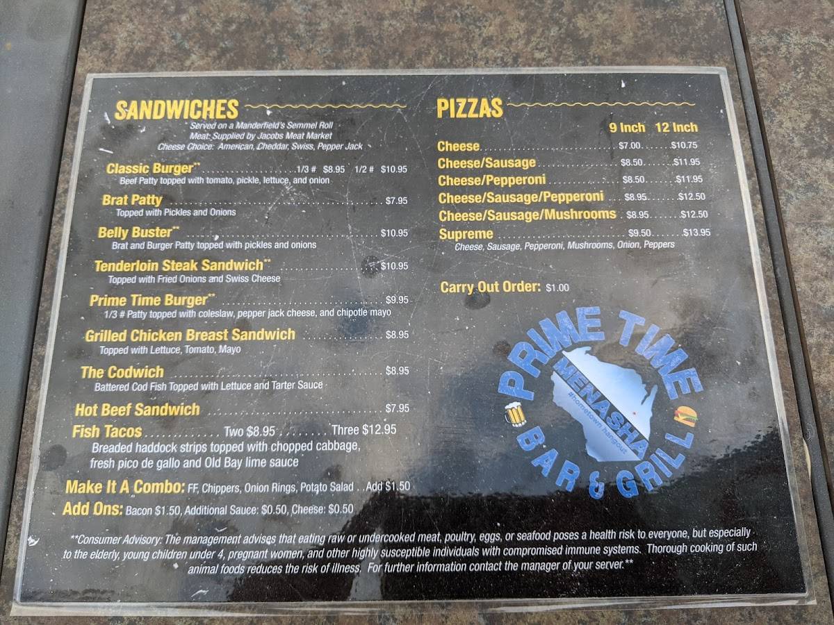 Menu at Prime Time Bar And Grill, Menasha