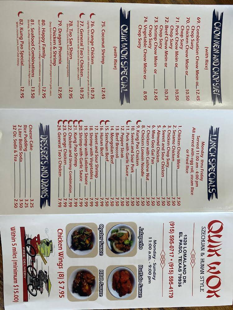 Menu at Quik Wok restaurant, El Paso, Lomaland Dr