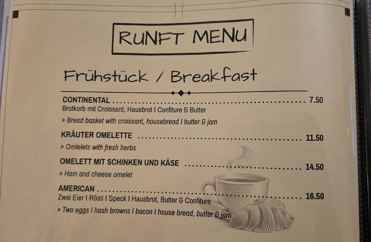 Menu at RUNFT, Interlaken
