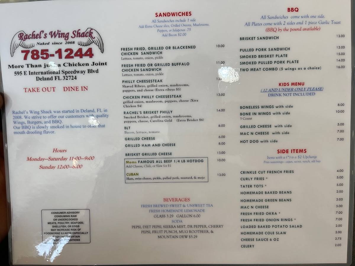 Menu at Rachel's wingshack restaurant, DeLand